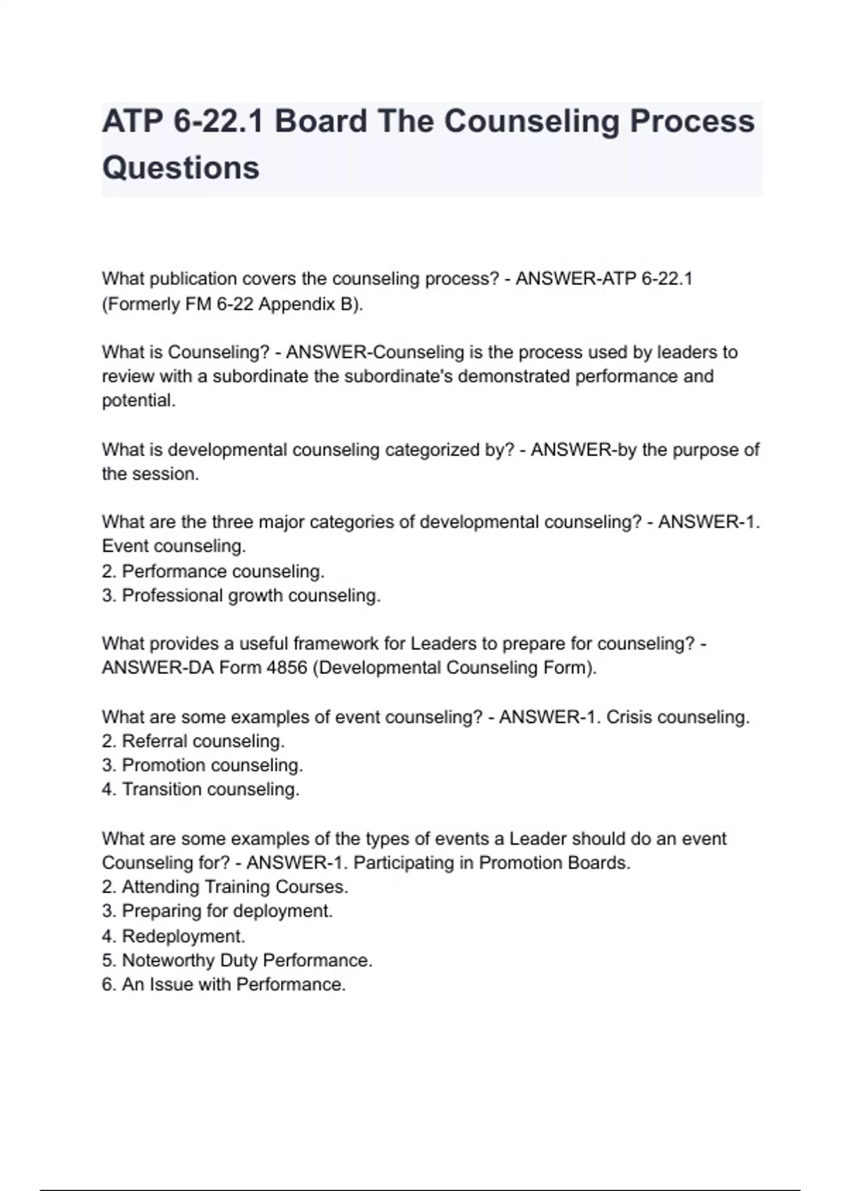 ATP 6-22.1 Board The Counseling Process Questions with complete solution - MSLC NCOPD - Stuvia US