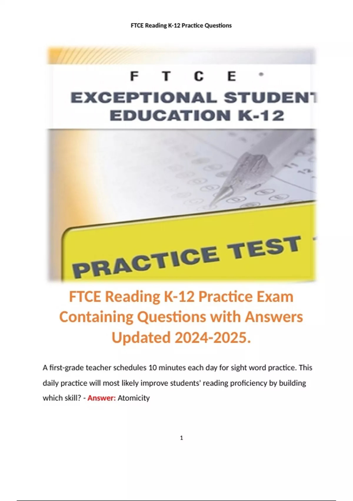FTCE Reading K-12 Practice Exam Containing Questions with Answers ...
