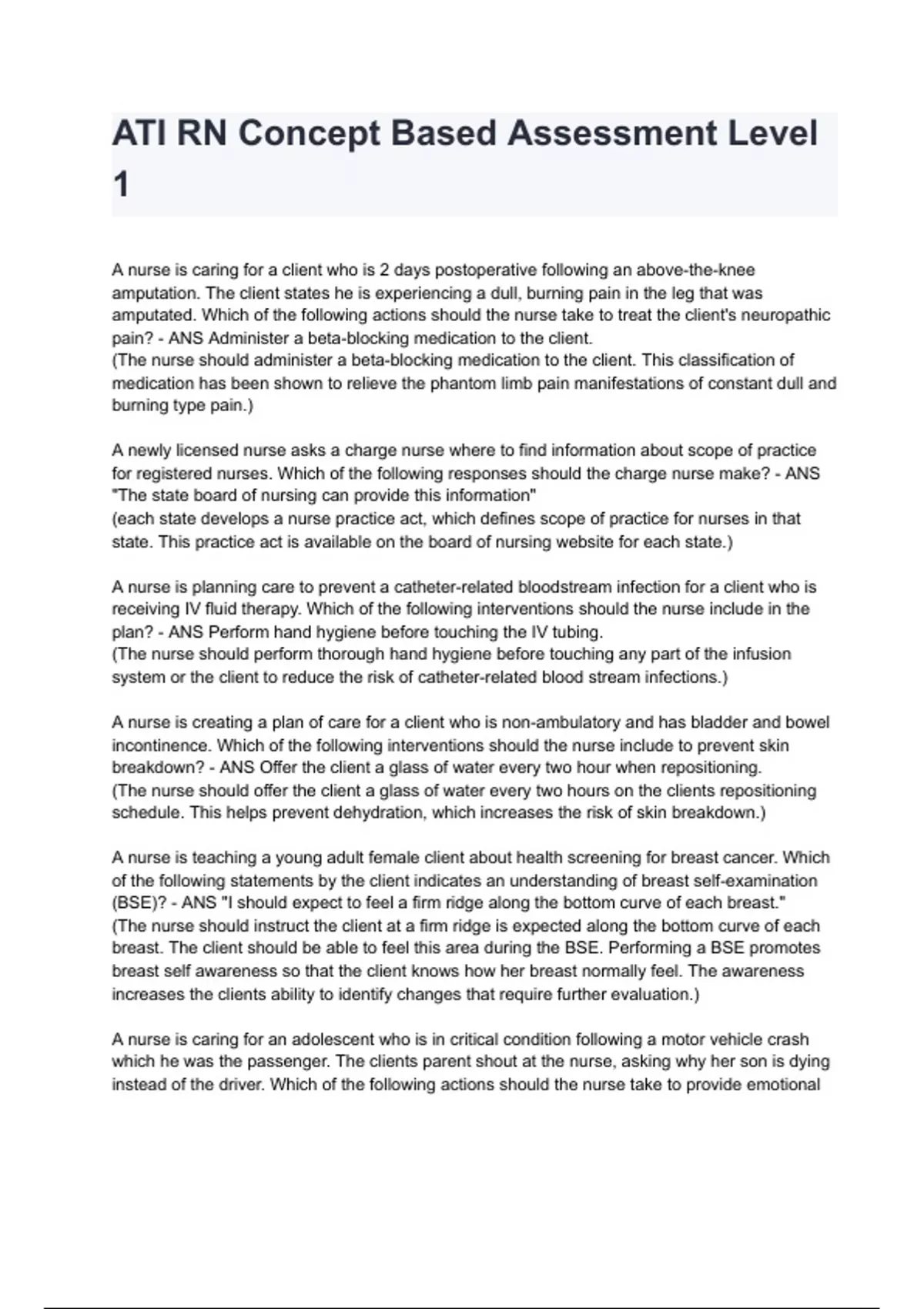 ATI RN Concept Based Assessment Level 1 Exam 2024/2025 Questions With ...