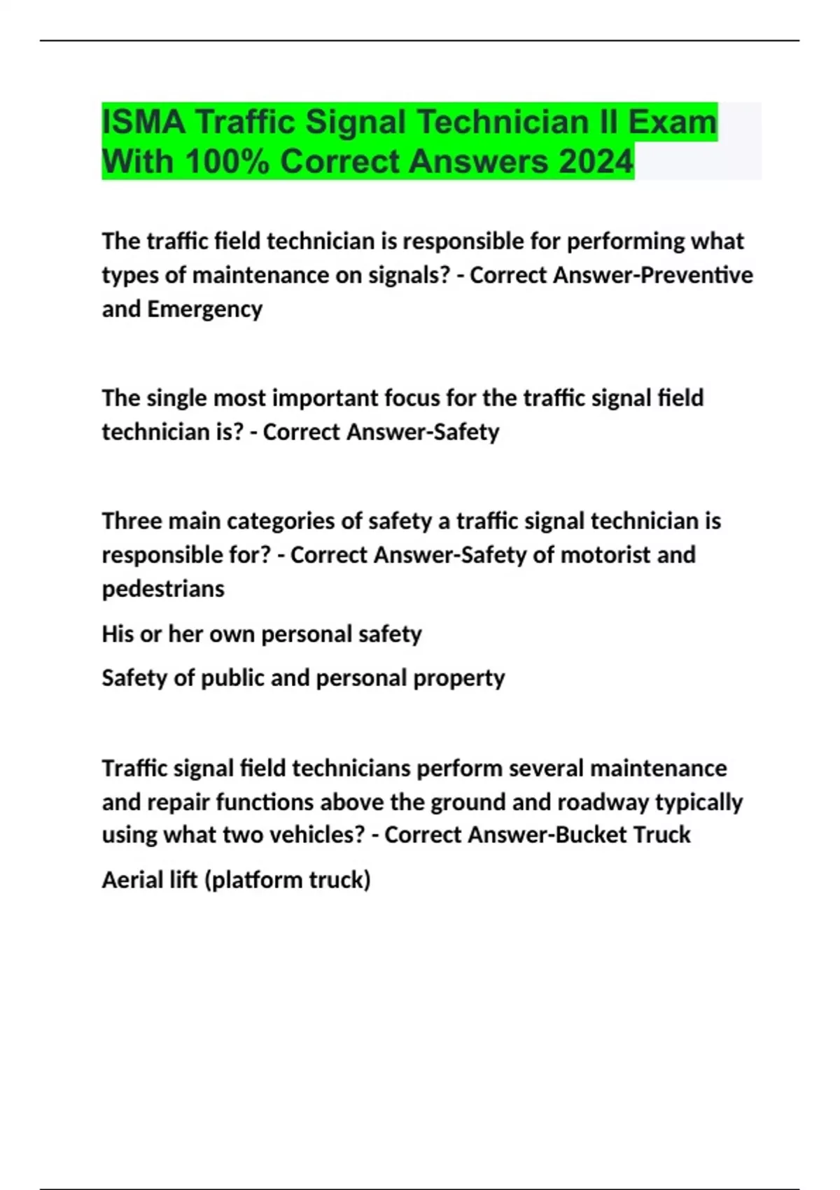ISMA Traffic Signal Technician II Exam With 100% Correct Answers 2024 ...