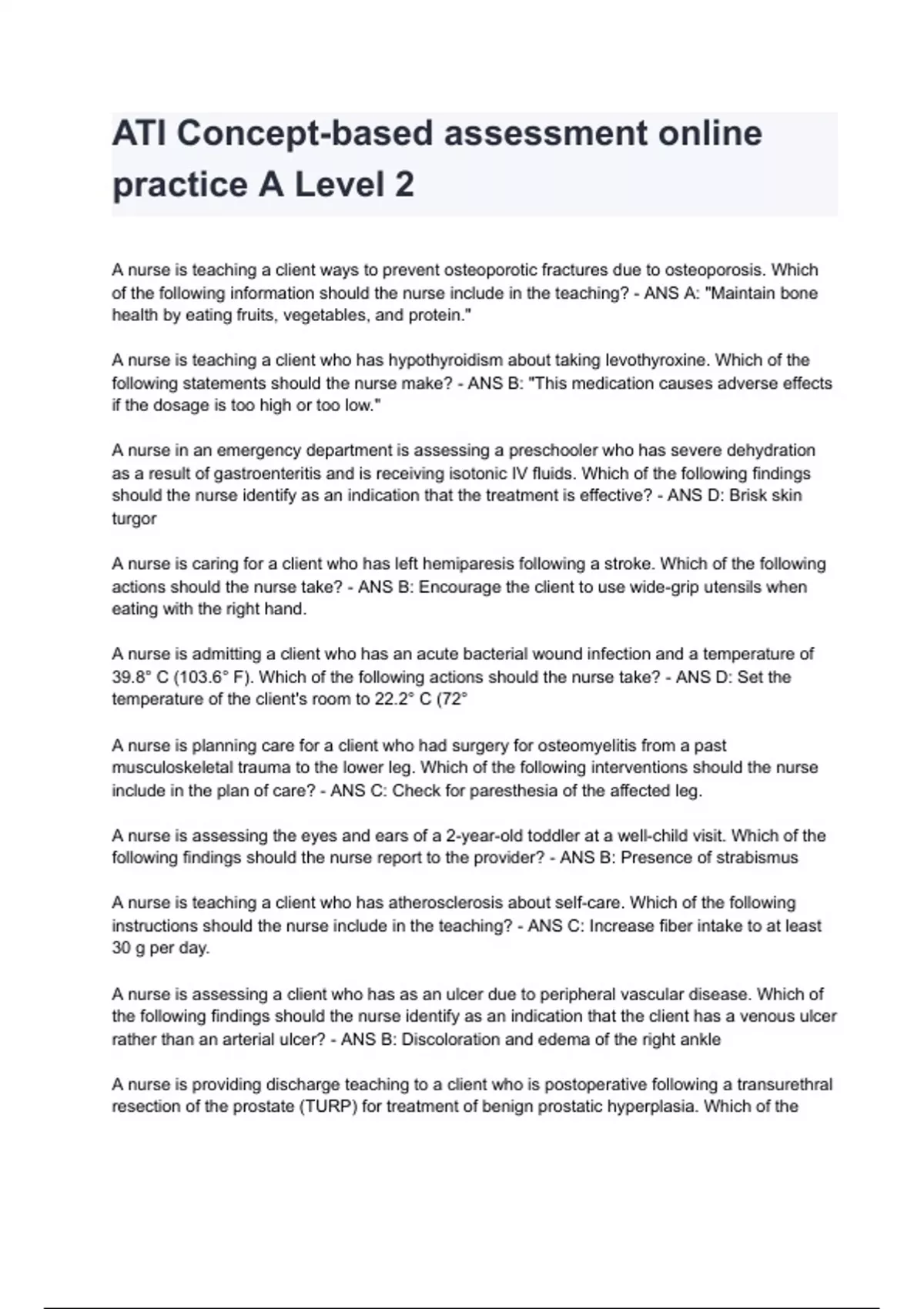 ATI Concept-based assessment online practice A Level 2 Exam 2024/2025 Questions With Completed ...