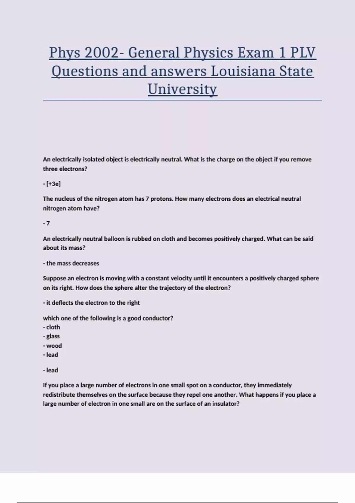 Phys 2002- General Physics Exam 1 PLV Questions and answers Louisiana State University - Phys ...