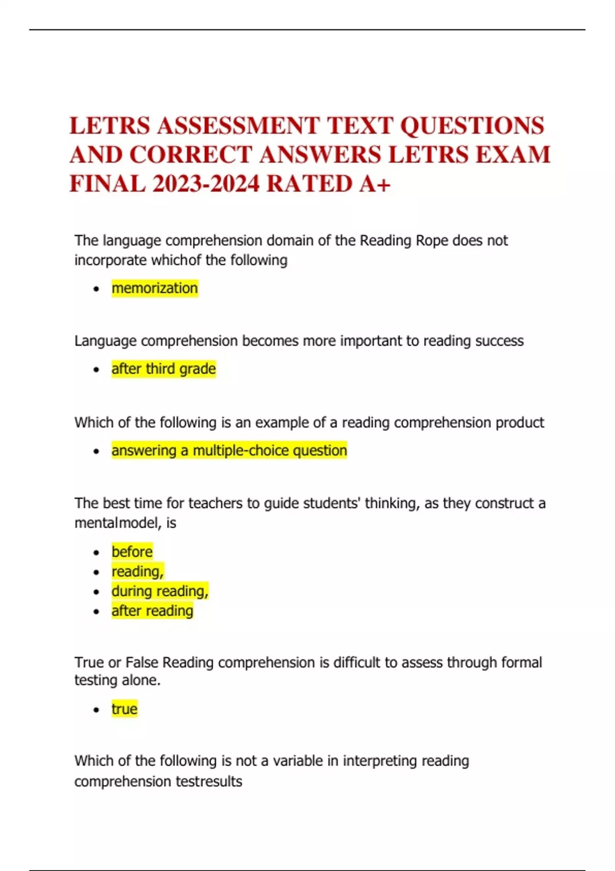 LETRS ASSESSMENT TEXT QUESTIONS AND CORRECT ANSWERS LETRS EXAM FINAL ...