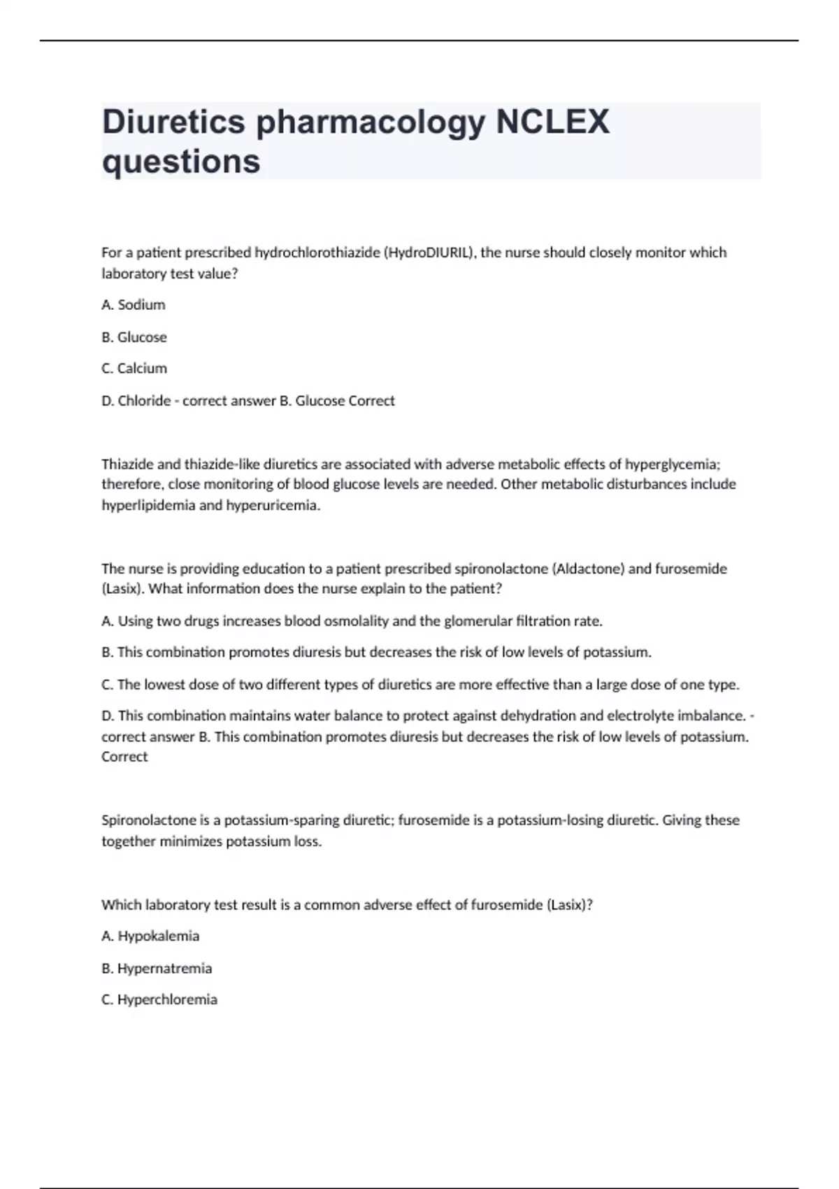 Diuretics pharmacology NCLEX questions with complete solutions ...