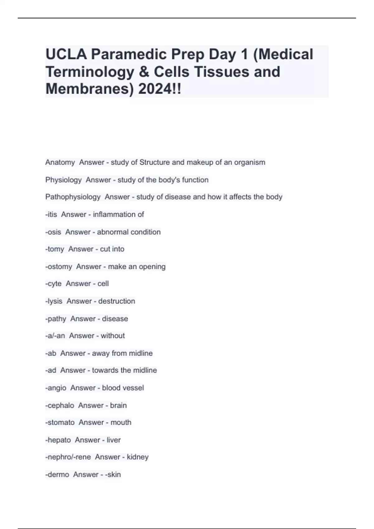 UCLA Paramedic Prep Day 1 (Medical Terminology & Cells Tissues and ...