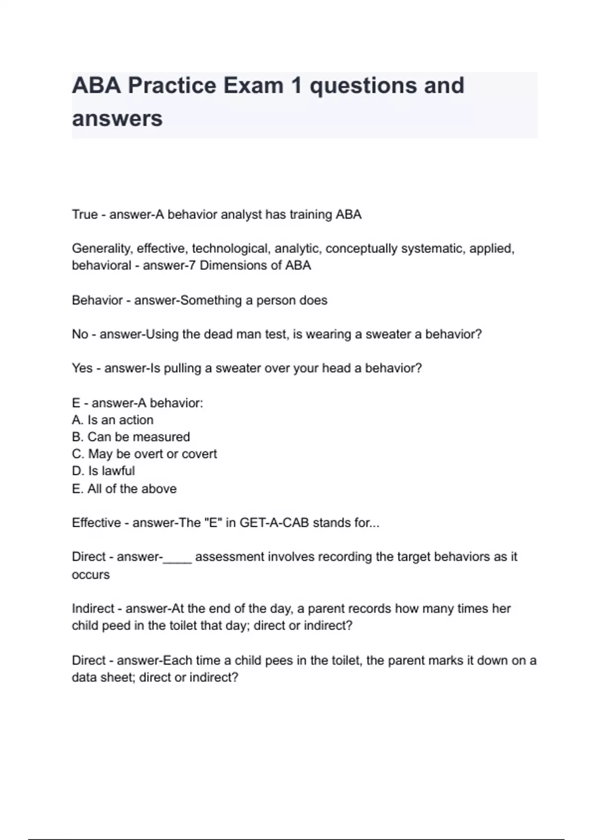 ABA Practice Exam 1 questions and answers - ABA / ABAT - Stuvia US