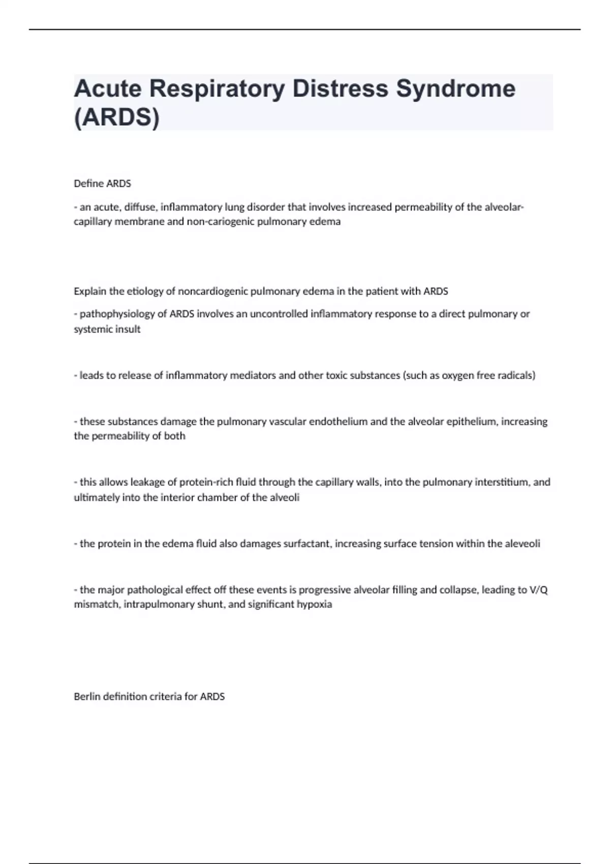 Acute Respiratory Distress Syndrome (ARDS) correctly answered 2024 ...