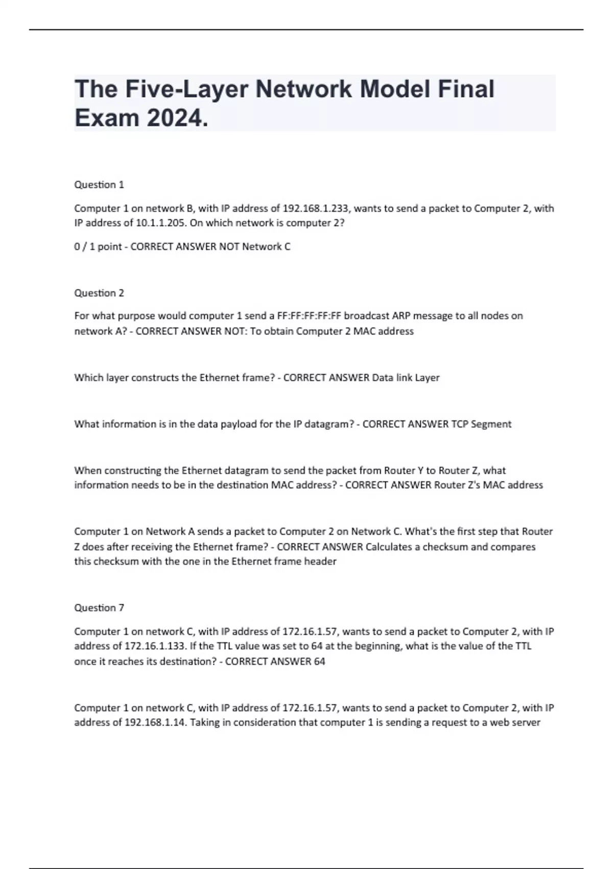 The Five-Layer Network Model Final Exam 2024. - Networking - Stuvia US