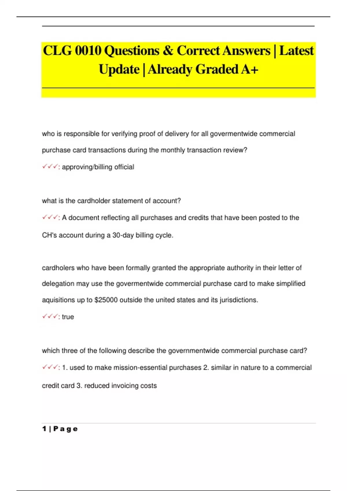 CLG 0010 Questions & Correct Answers | Latest Update |Already Graded A+ ...