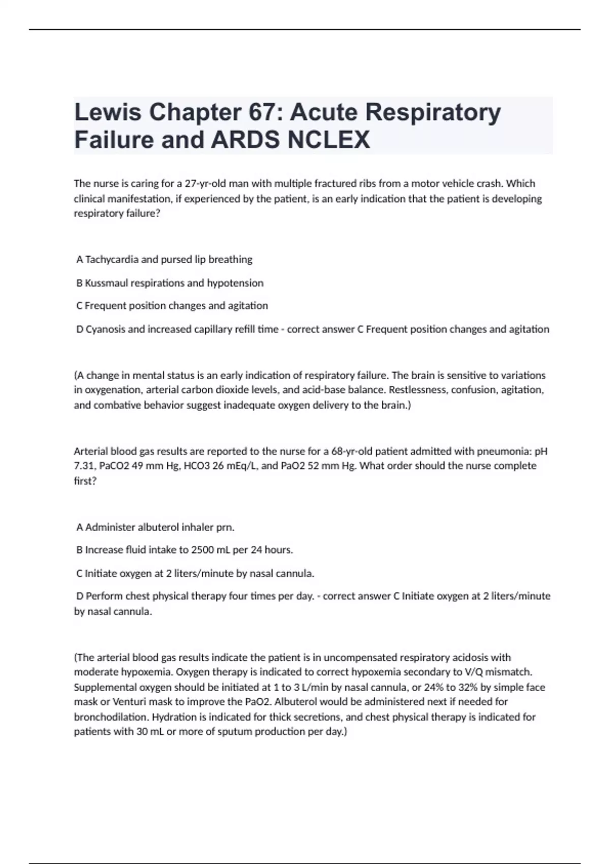 Lewis Chapter 67: Acute Respiratory Failure and ARDS NCLEX fully solved ...