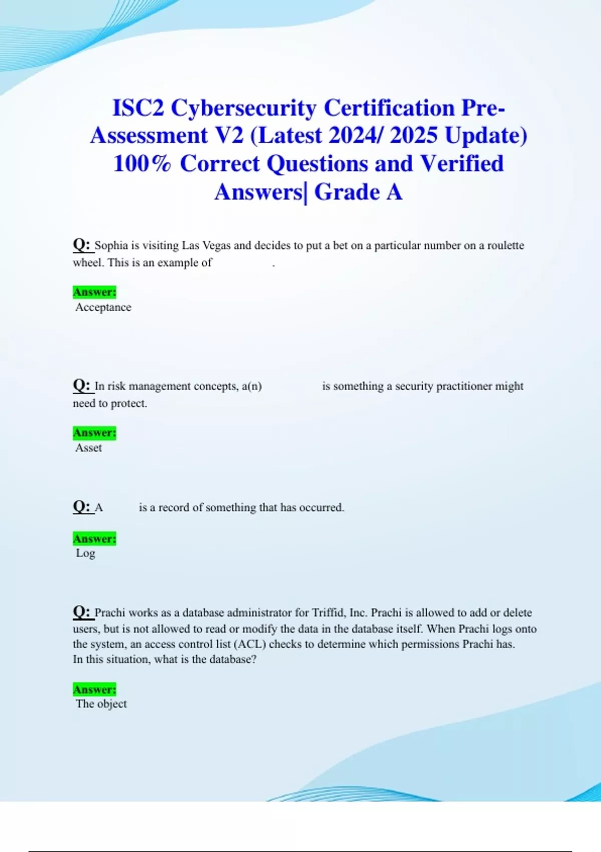 ISC2 Cybersecurity Certification Pre- Assessment V2 (Latest 2024/ 2025 ...