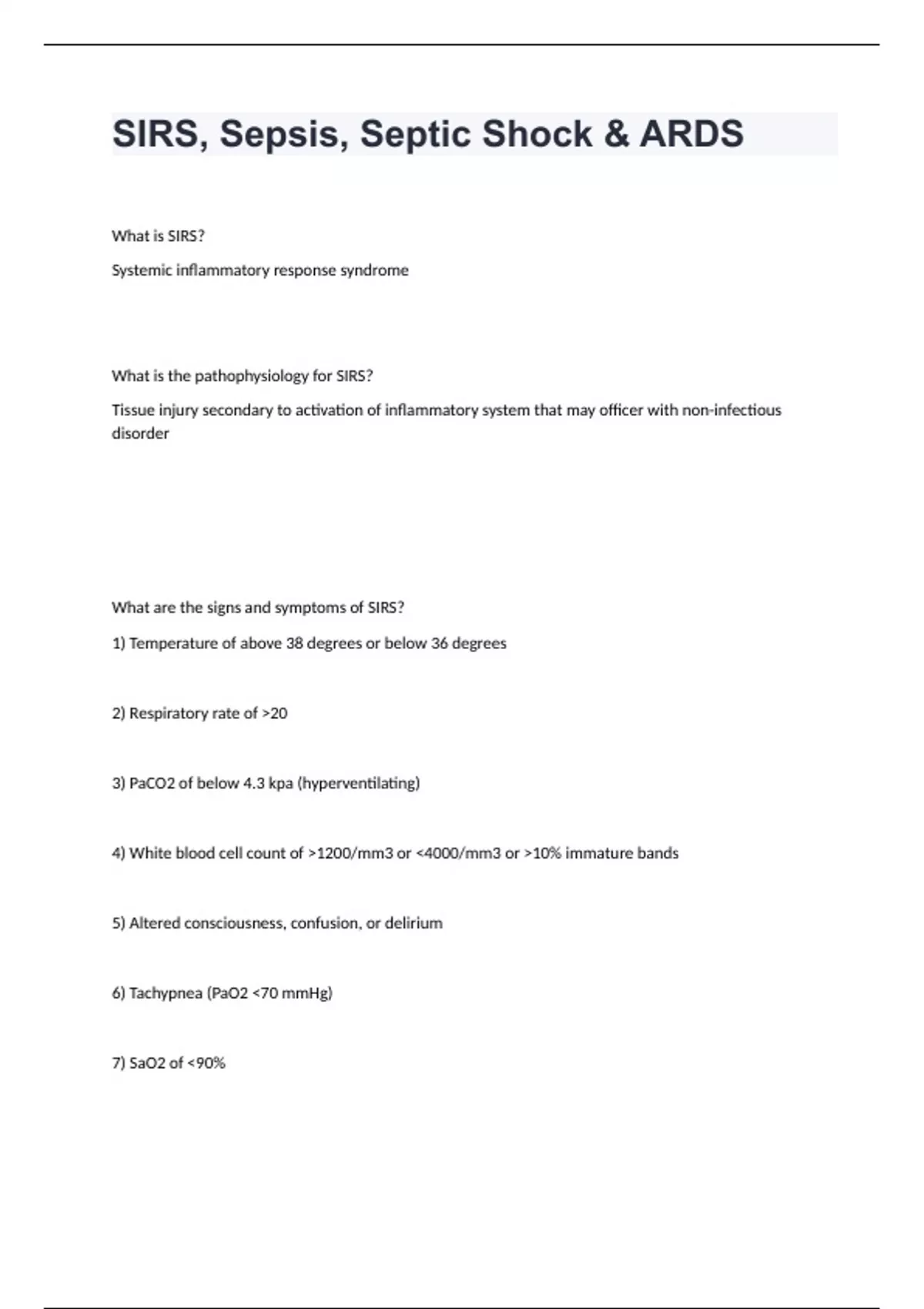 SIRS, Sepsis, Septic Shock & ARDS well answered 2024 - ARDS nclex ...