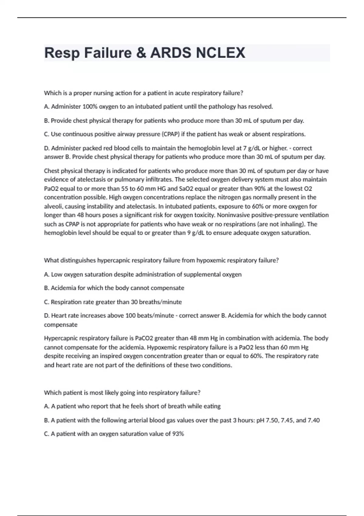 Resp Failure & ARDS NCLEX correctly answered rated A+ - ARDS NCLEX ...