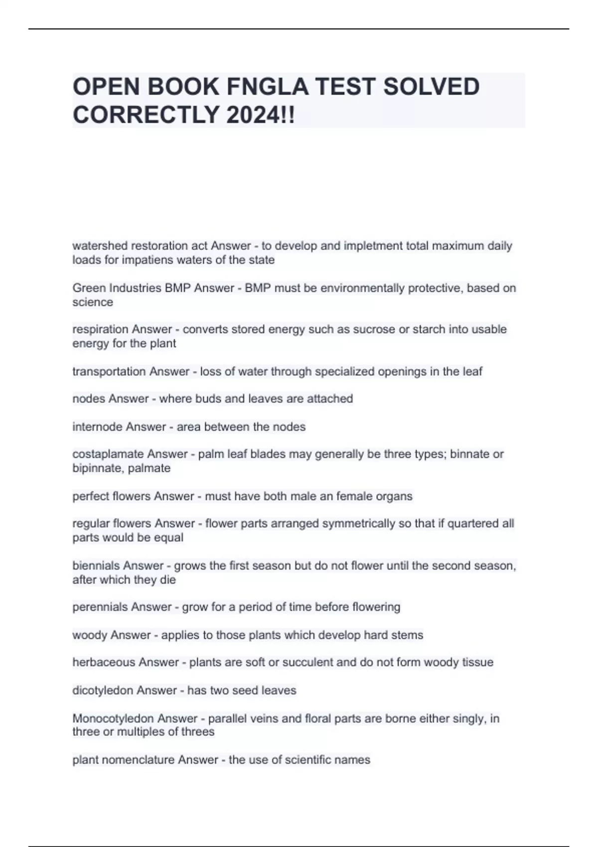 OPEN BOOK FNGLA TEST SOLVED CORRECTLY 2024!! - FNGLA - Stuvia US