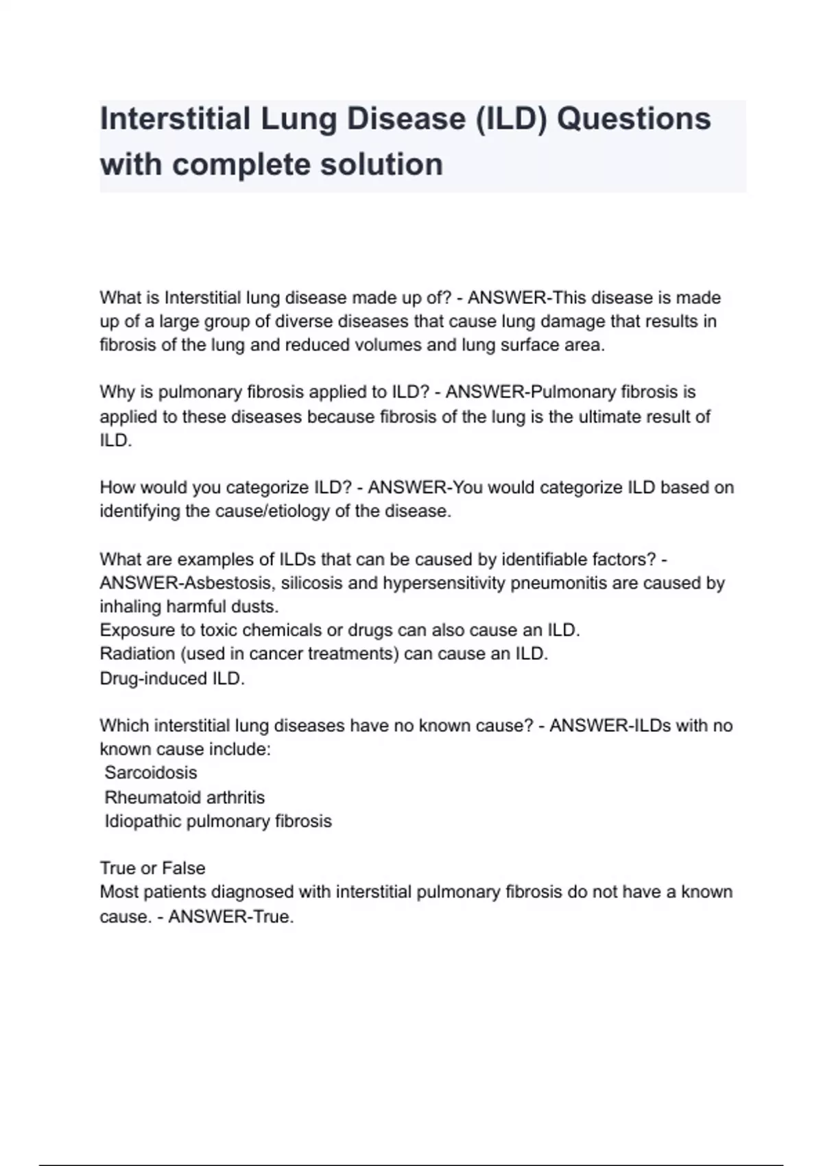 Interstitial Lung Disease (ILD) Questions with complete solution ...