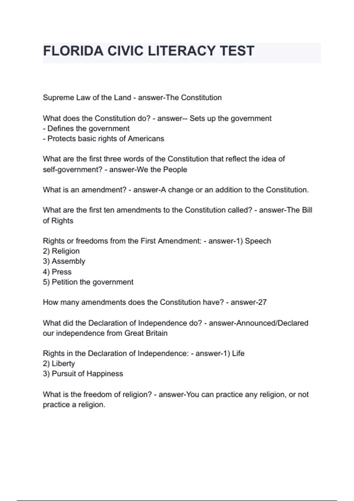 FLORIDA CIVIC LITERACY TEST with complete solution - Civic Literacy ...