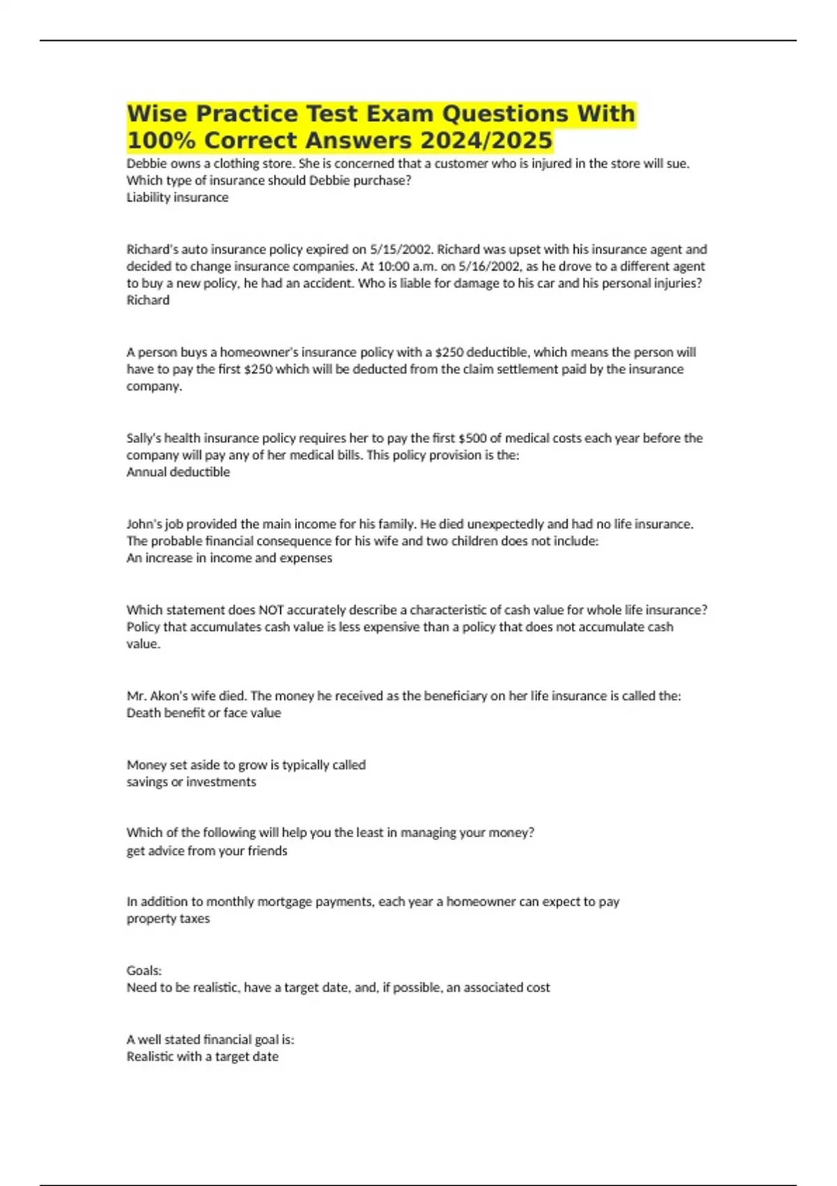 Wise Practice Test Exam Questions With 100% Correct Answers 2024/2025 ...