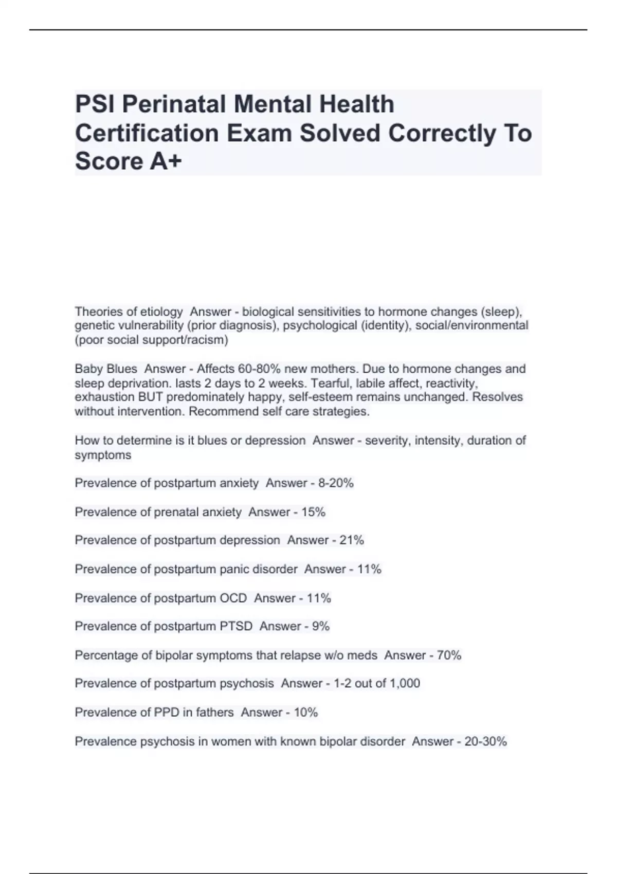 PSI Perinatal Mental Health Certification Exam Solved Correctly To ...