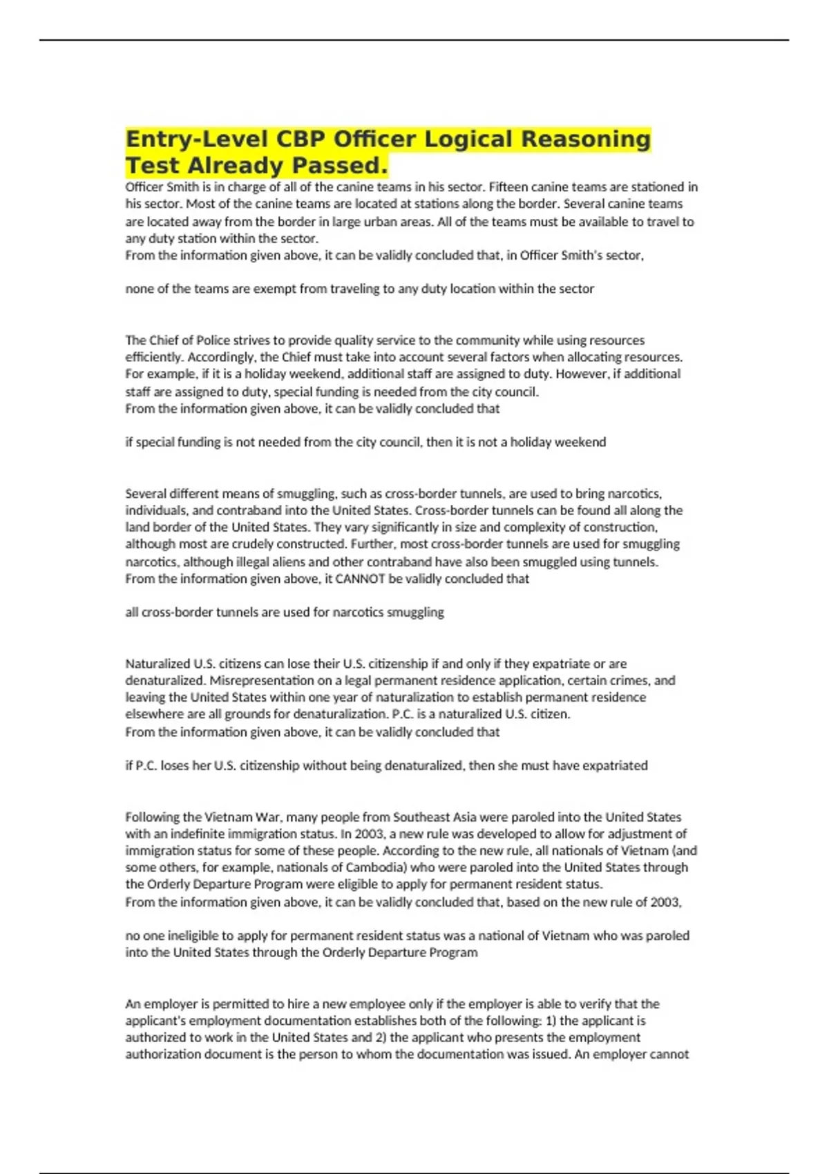 Entry-Level CBP Officer Logical Reasoning Test Already Passed. - Border ...
