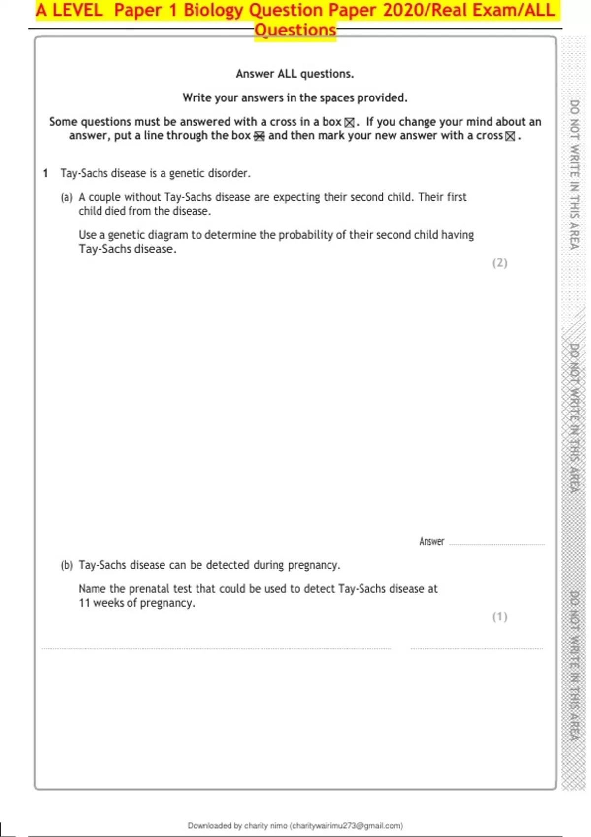 A LEVEL Paper 1 Biology Question Paper 2020/Real Exam/ALL Questions - A ...