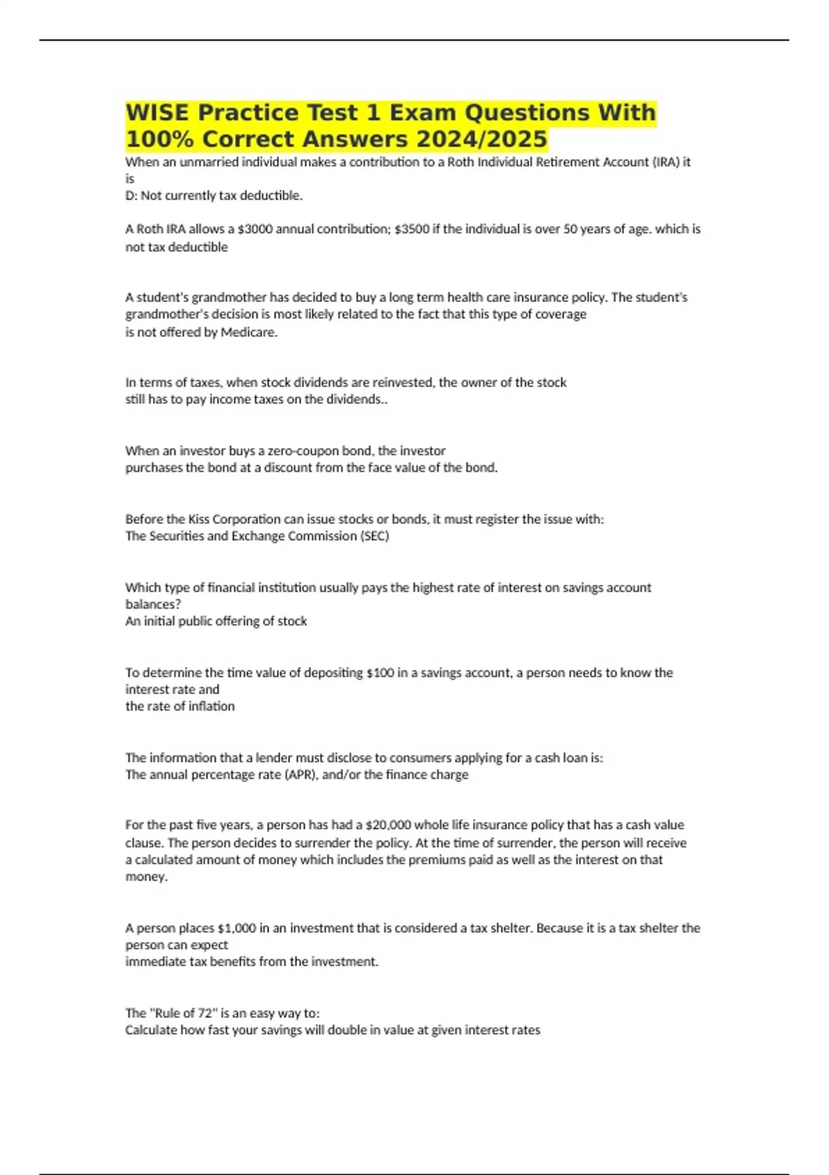 WISE Practice Test 1 Exam Questions With 100% Correct Answers 2024/2025 ...
