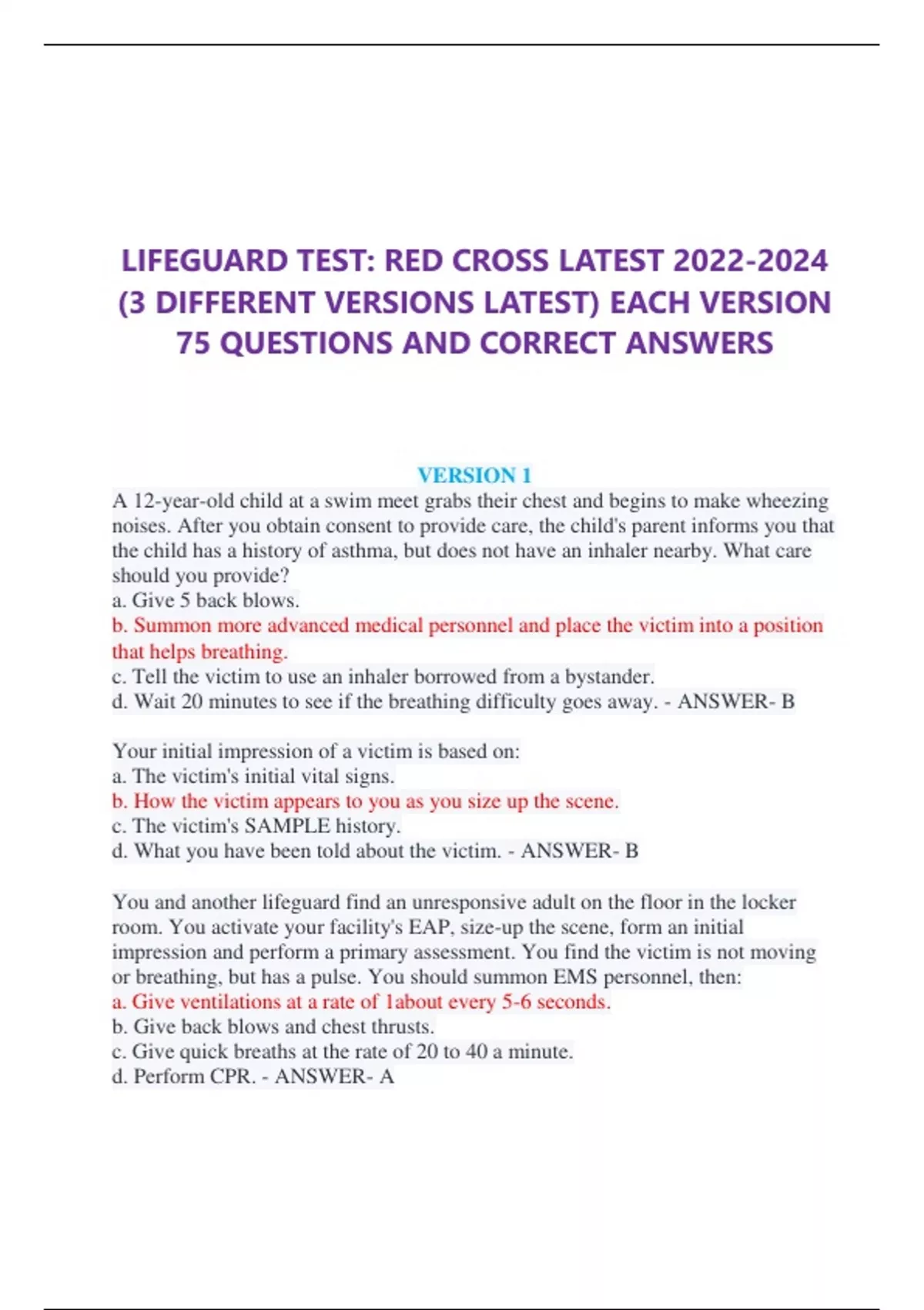 LIFEGUARD TEST: RED CROSS LATEST (3 DIFFERENT VERSIONS LATEST) EACH ...