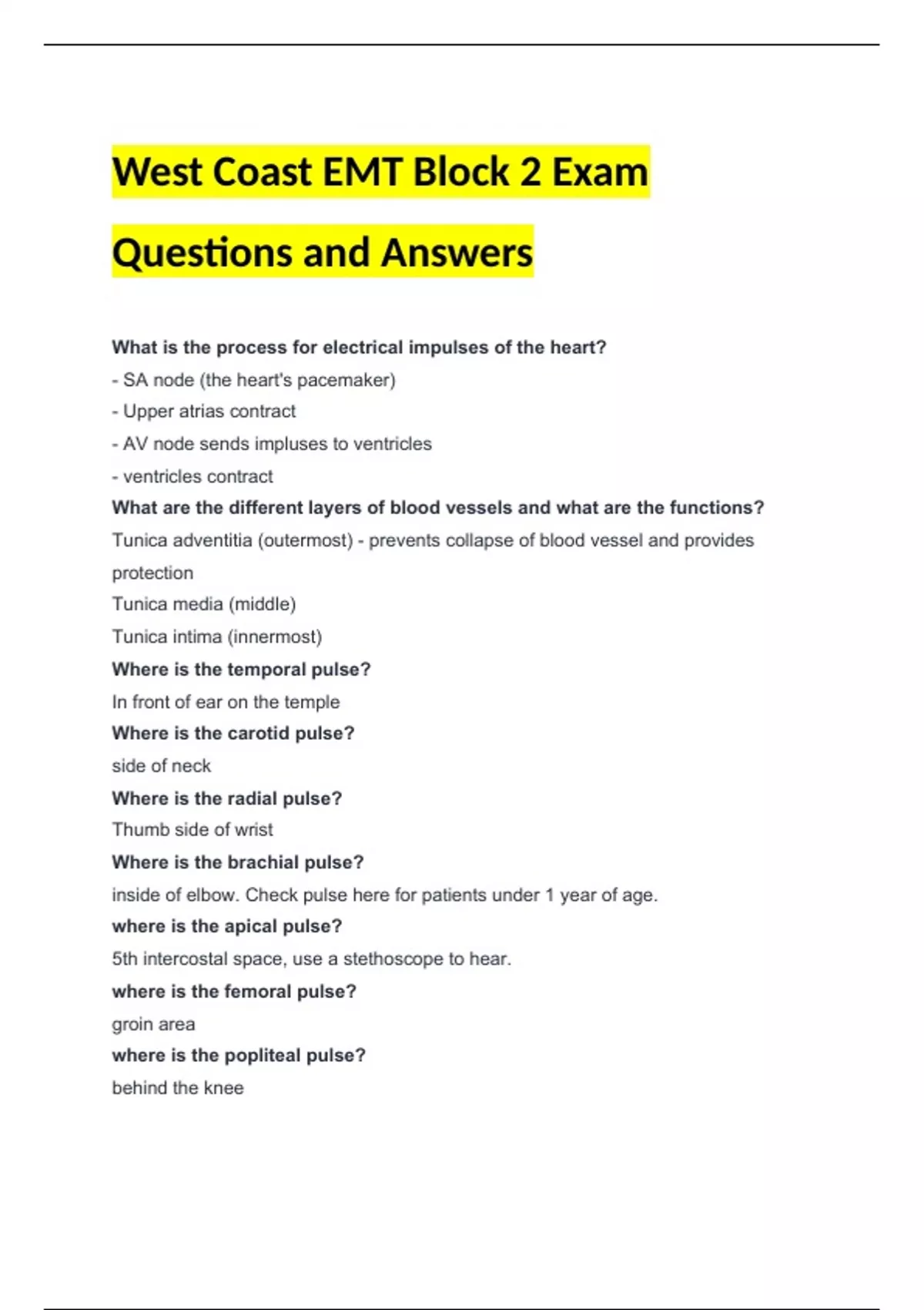 West Coast EMT Block 2 Exam Questions and Answers - West Coast EMT - Stuvia US