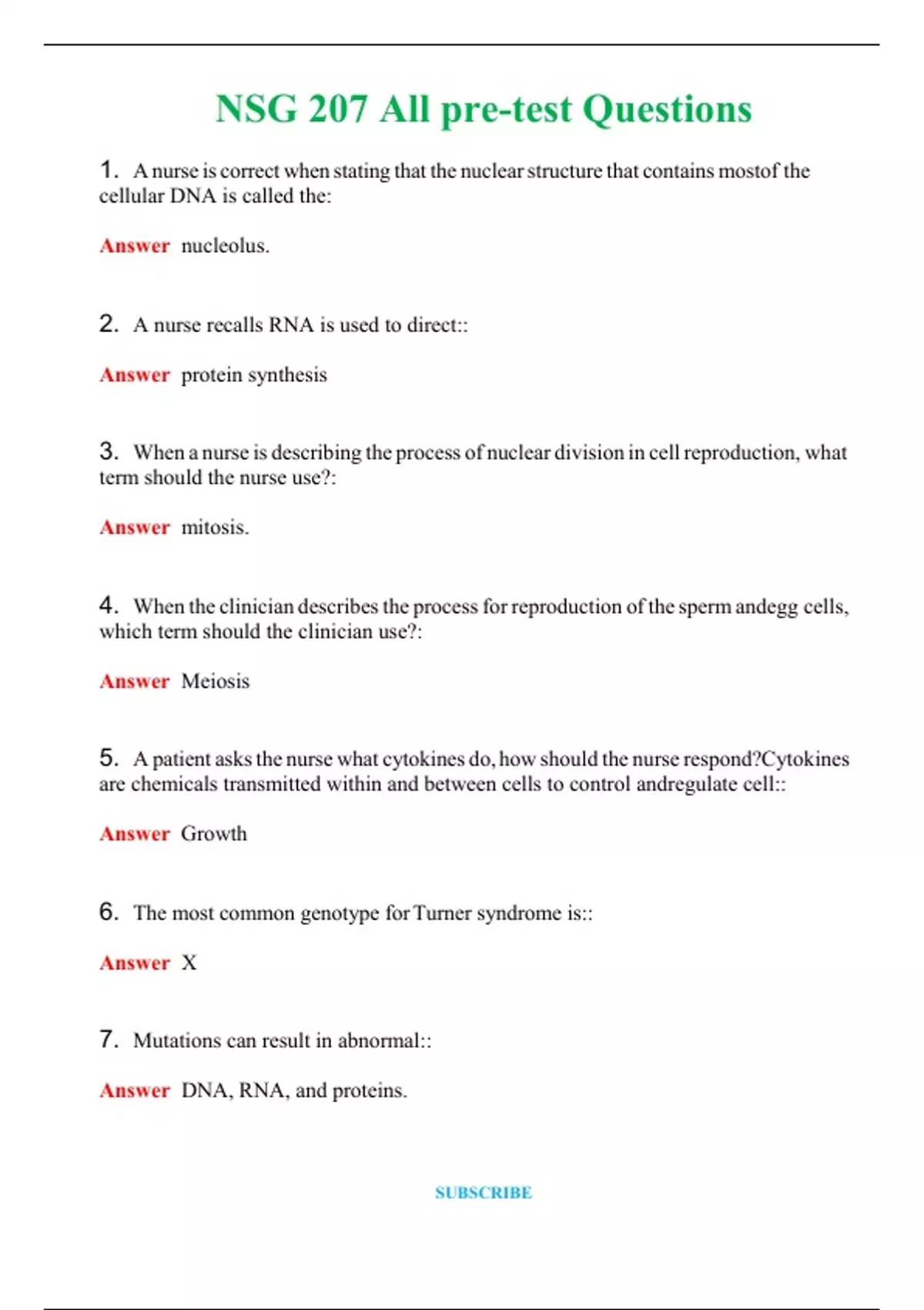 NSG 207 All pre-test Questions (Latest 2024 / 2025) Questions & Answers ...