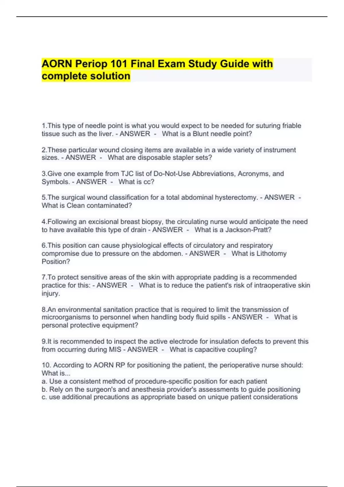 STUDY BUNDLE for AORN Periop 101 Final Exam (2024 / 2025) with 100% ...