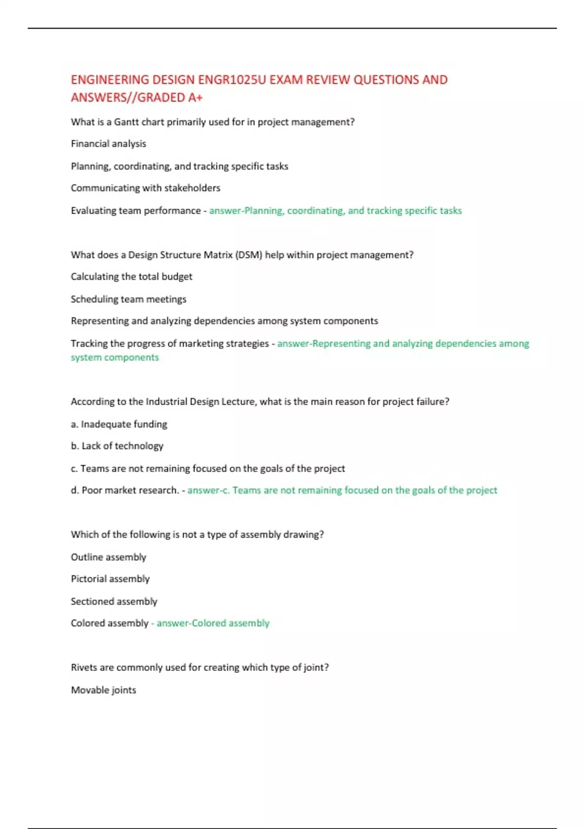 ENGINEERING DESIGN ENGR1025U EXAM REVIEW QUESTIONS AND ANSWERS//GRADED ...