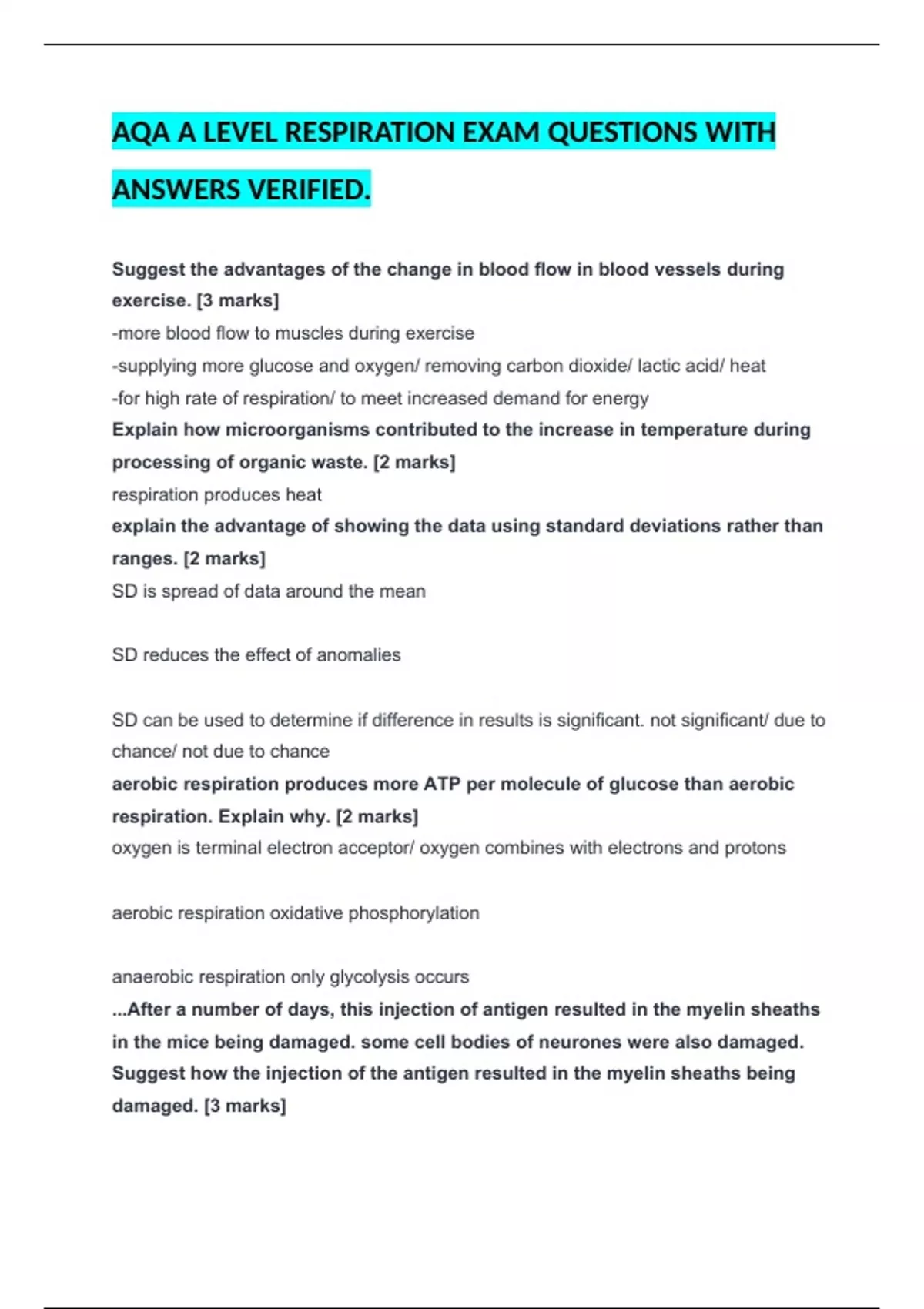 AQA A LEVEL RESPIRATION EXAM QUESTIONS WITH ANSWERS VERIFIED ...