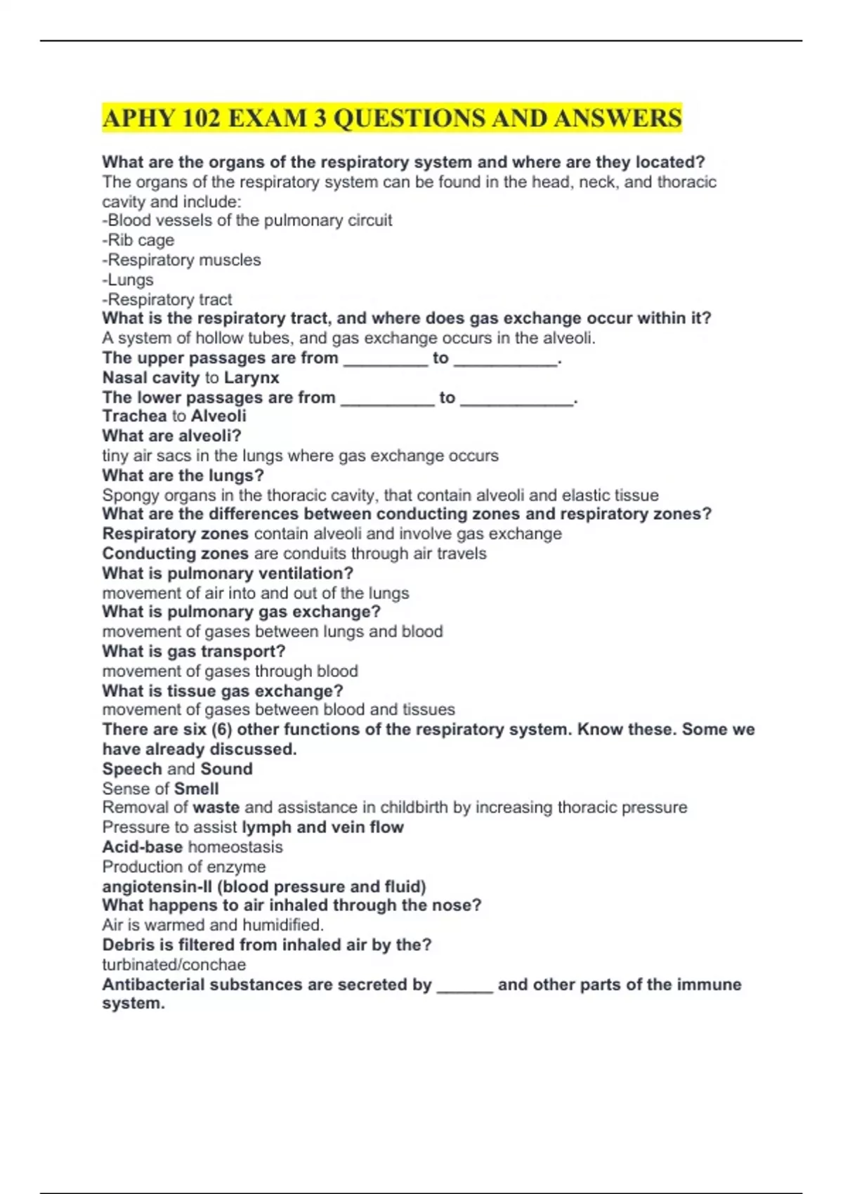 APHY 102 EXAM 3 QUESTIONS AND ANSWERS - APHY 102 - Stuvia US