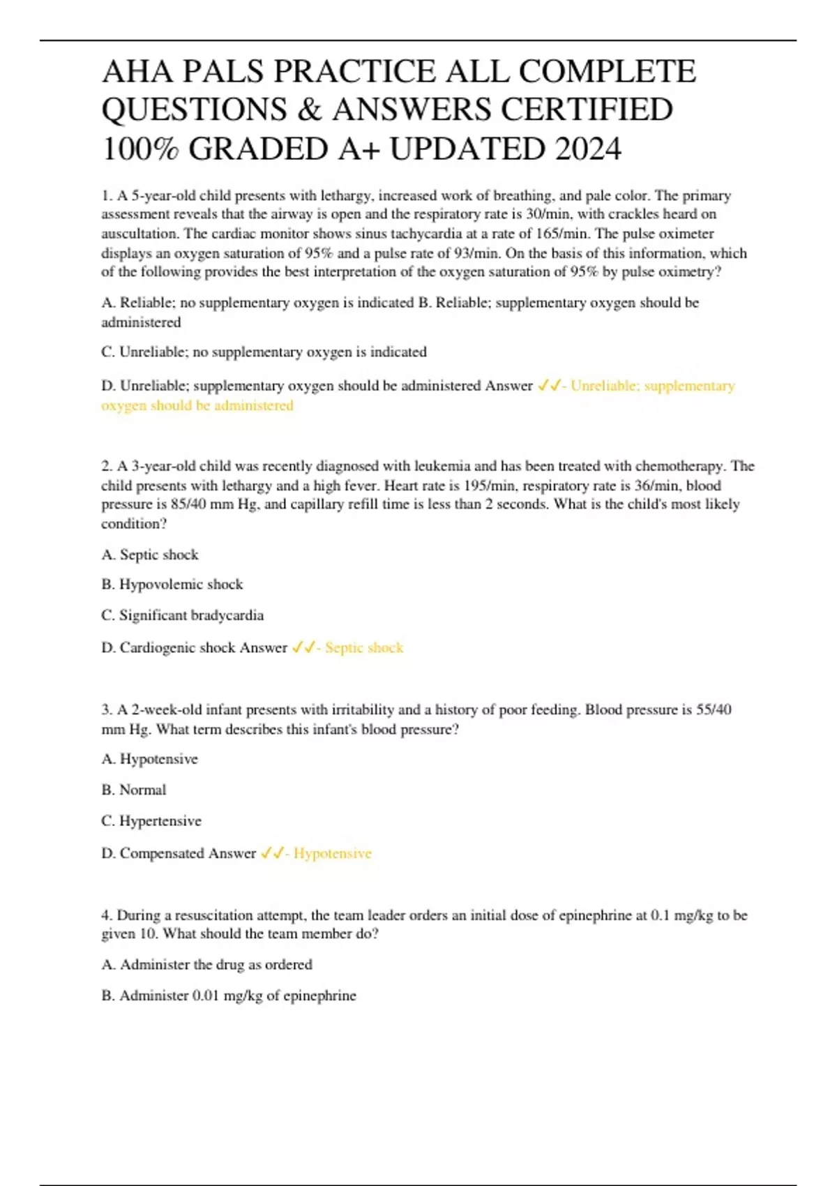 AHA PALS PRACTICE ALL COMPLETE QUESTIONS & ANSWERS CERTIFIED 100% ...