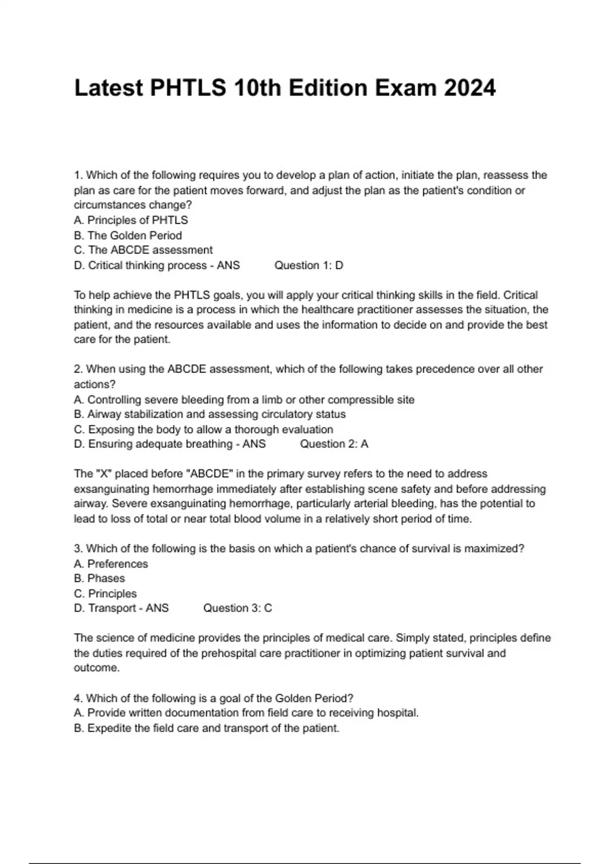 Latest PHTLS 10th Edition Exam 2024 Questions With Complete Answers ...