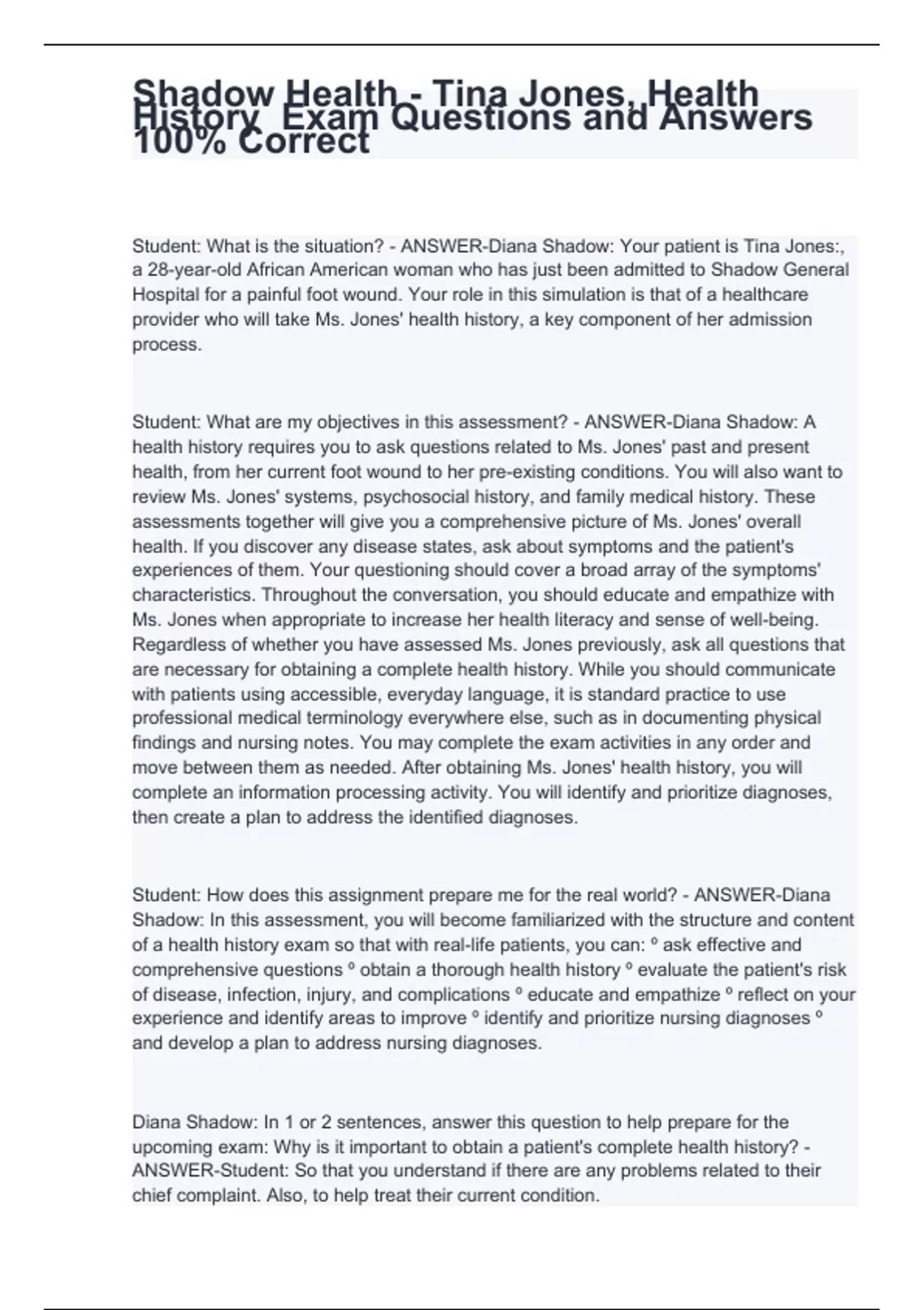 Shadow Health - Tina Jones, Health History Exam Questions and Answers ...