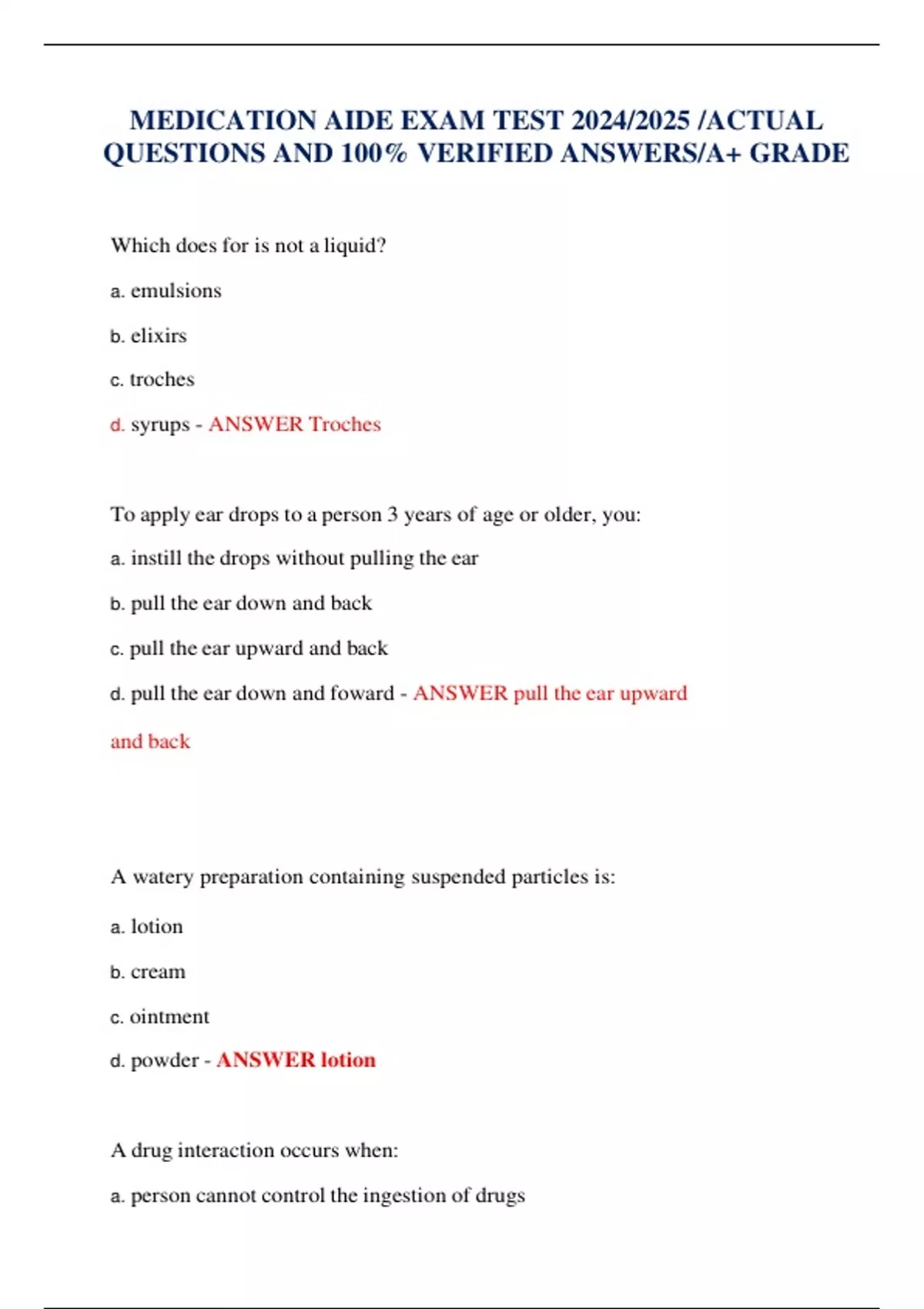 MEDICATION AIDE EXAM TEST 2024/2025 /ACTUAL QUESTIONS AND 100% VERIFIED ...