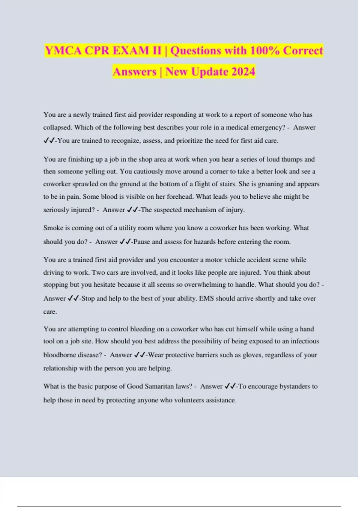 YMCA CPR EXAM II | Questions with 100% Correct Answers | New Update ...