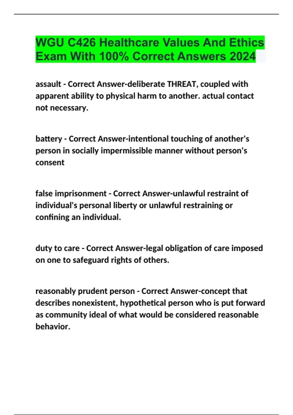 WGU C426 Healthcare Values And Ethics Exam With 100% Correct Answers 2024 - WGU C426 - Stuvia US