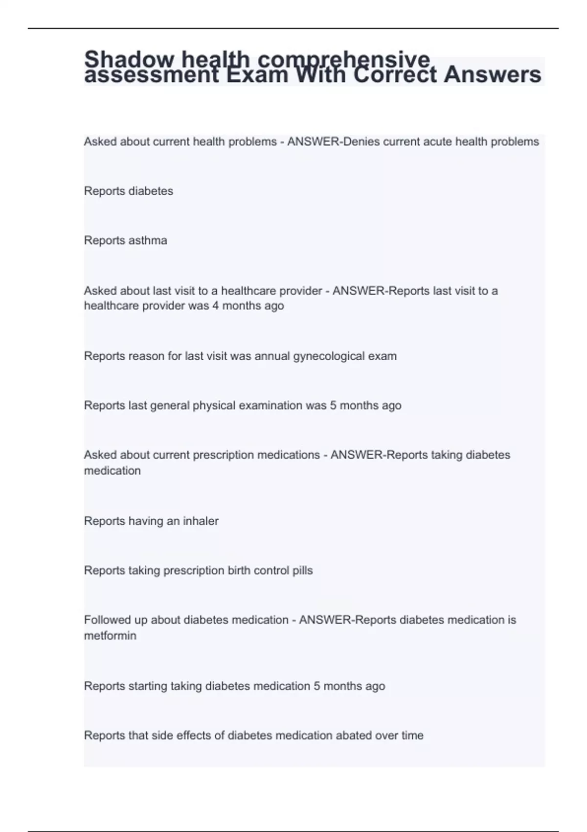 Shadow health comprehensive assessment Exam With Correct Answers ...