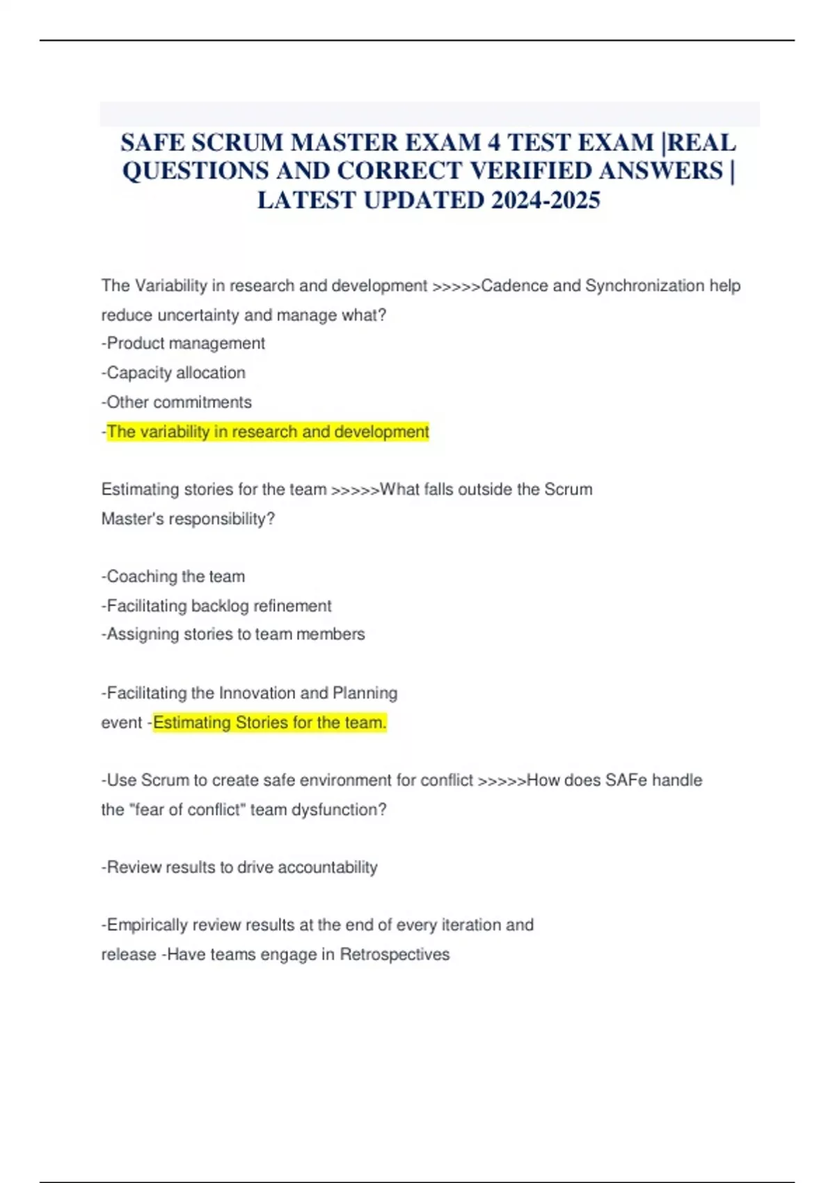 Safe Scrum Master Exam 4 Test Exam Real Questions And Correct Verified Answers Latest Updated