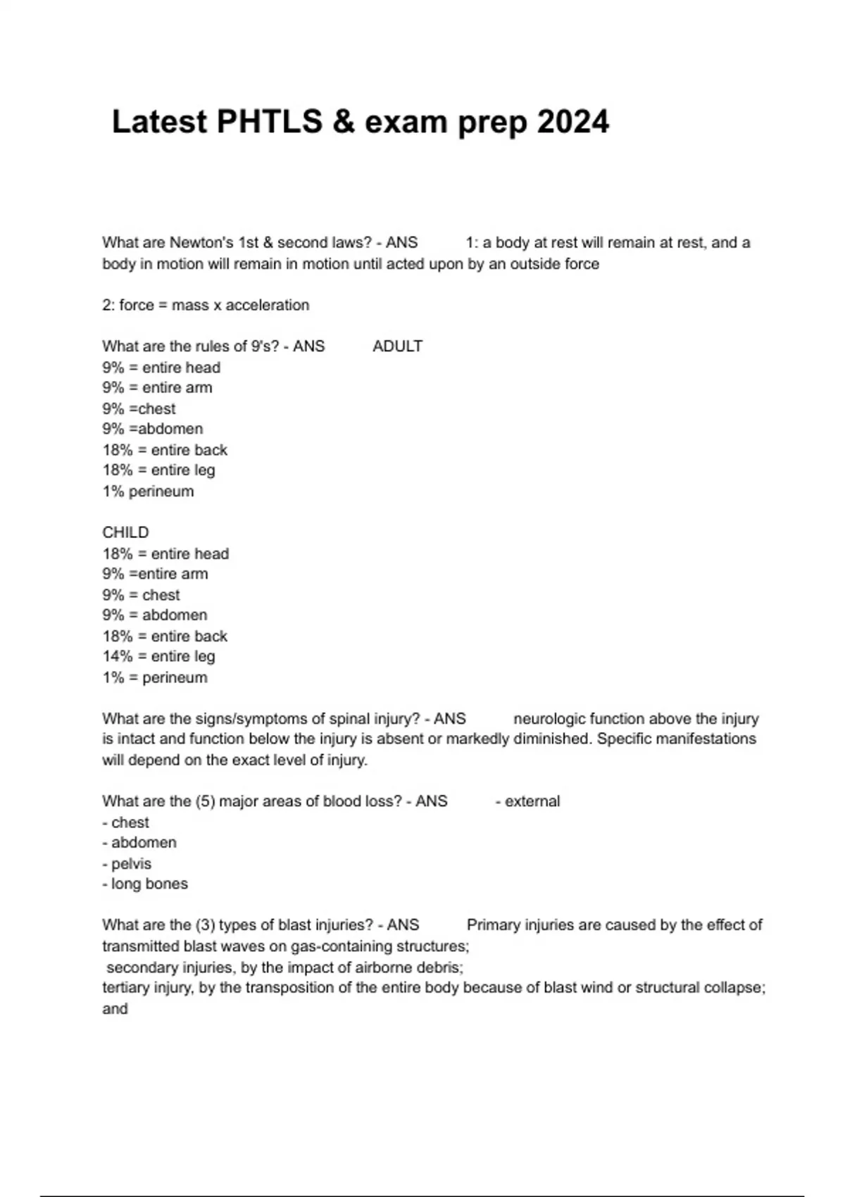Latest PHTLS & exam prep 2024 Questions With Complete Solutions - PHTLS ...