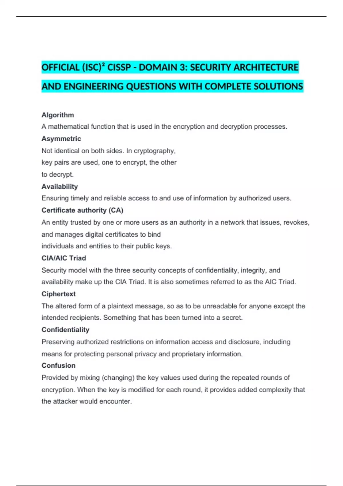 Official Isc ² Cissp Domain 3 Security Architecture And Engineering Questions With Complete