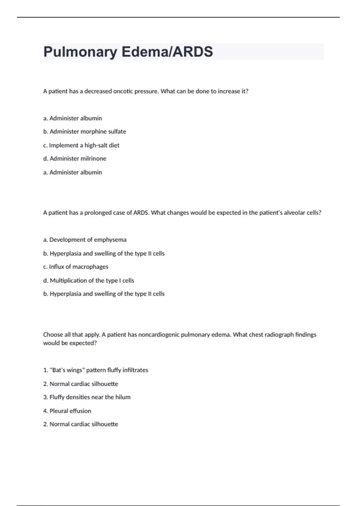 Pulmonary Edema/ARDS verified already passed 2024 - ARDS nclex - Stuvia US