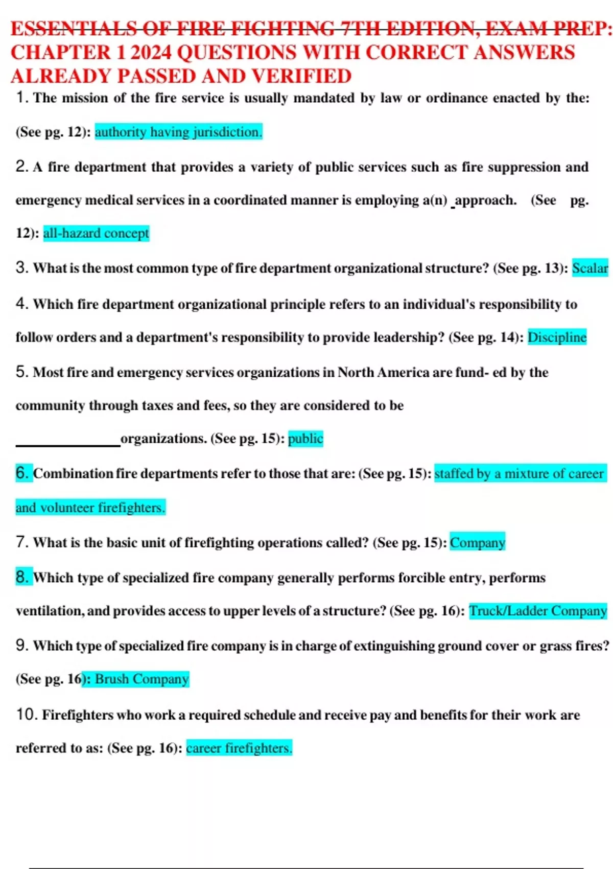 ESSENTIALS OF FIRE FIGHTING 7TH EDITION, EXAM PREP: CHAPTER 1 2024 ...
