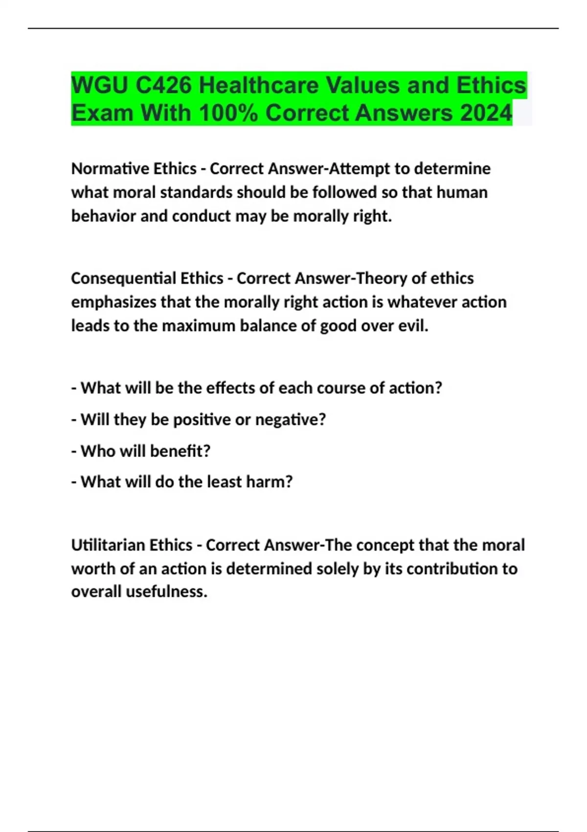 WGU C426 Healthcare Values and Ethics Exam With 100% Correct Answers ...