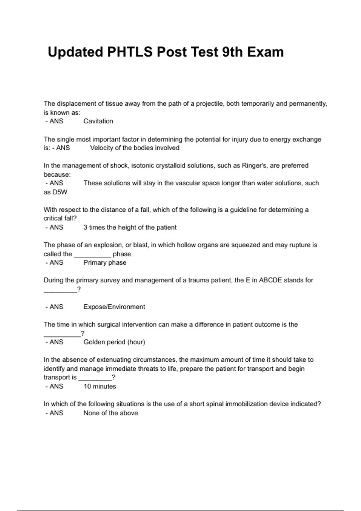 Updated PHTLS Post Test 9th Exam Questions With Correct Answers - PHTLS ...
