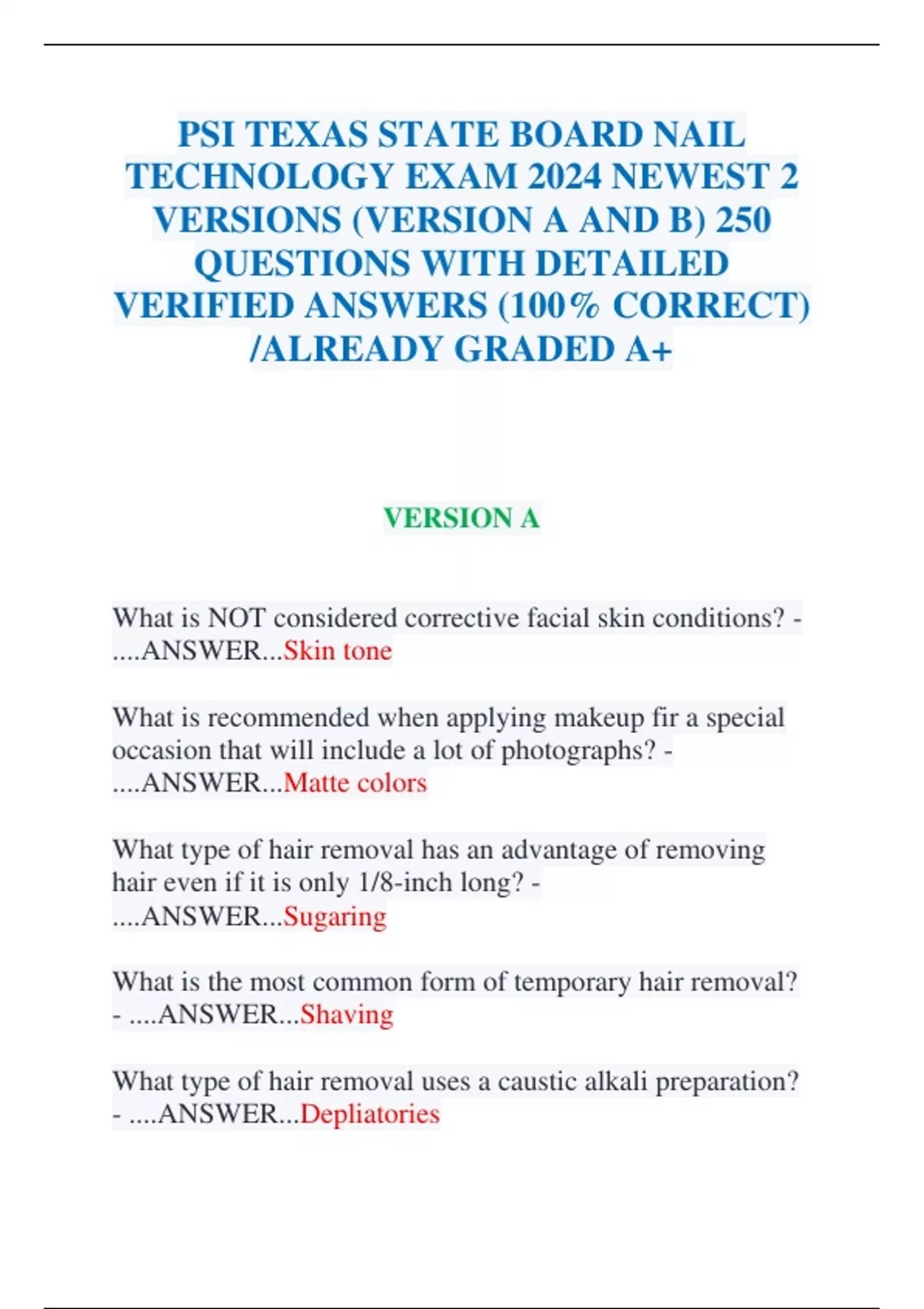 PSI TEXAS STATE BOARD NAIL TECHNOLOGY EXAM 2024 NEWEST 2 VERSIONS ...