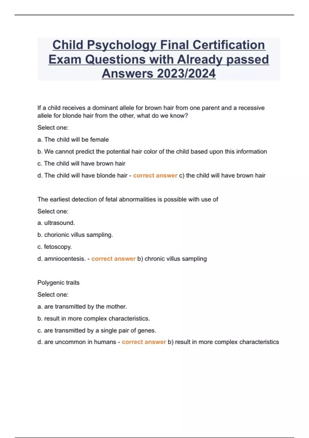 Child Psychology Final Certification Exam Questions with Already passed ...
