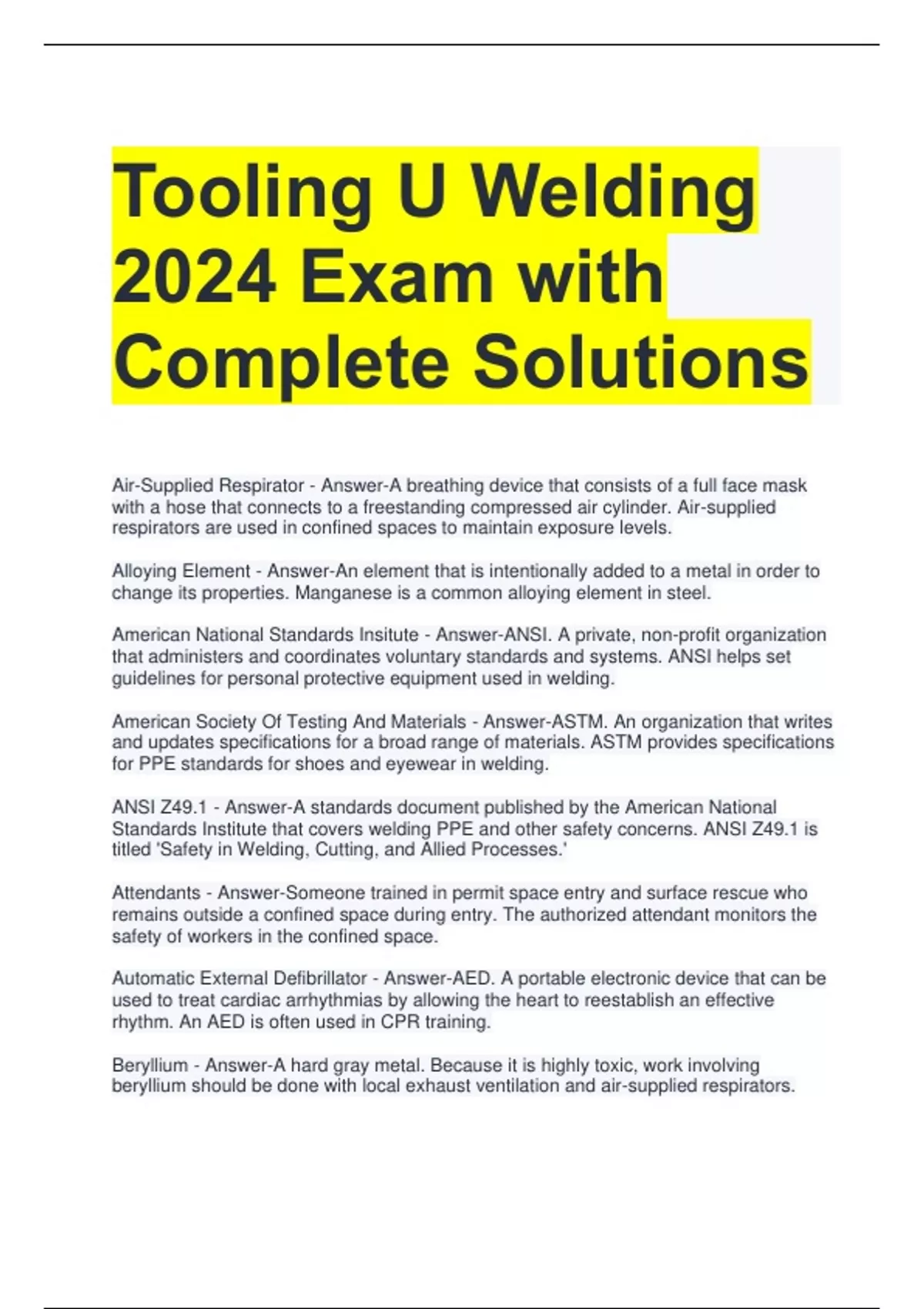 Tooling U Welding 2024 Exam with Complete Solutions - Tooling U Welding ...
