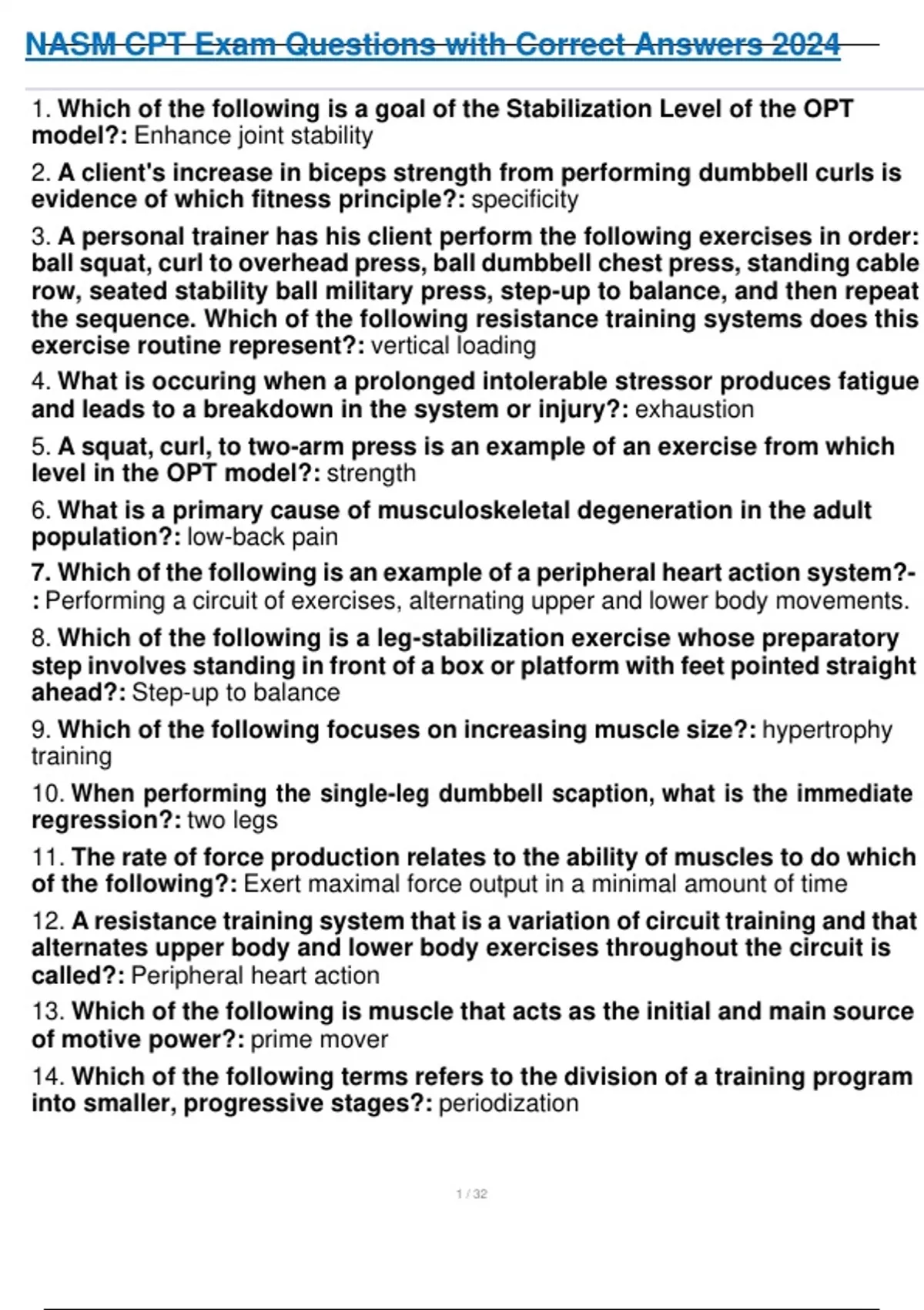 NASM CPT Exam Questions with Correct Answers 2024. - Nasm cpt - Stuvia US